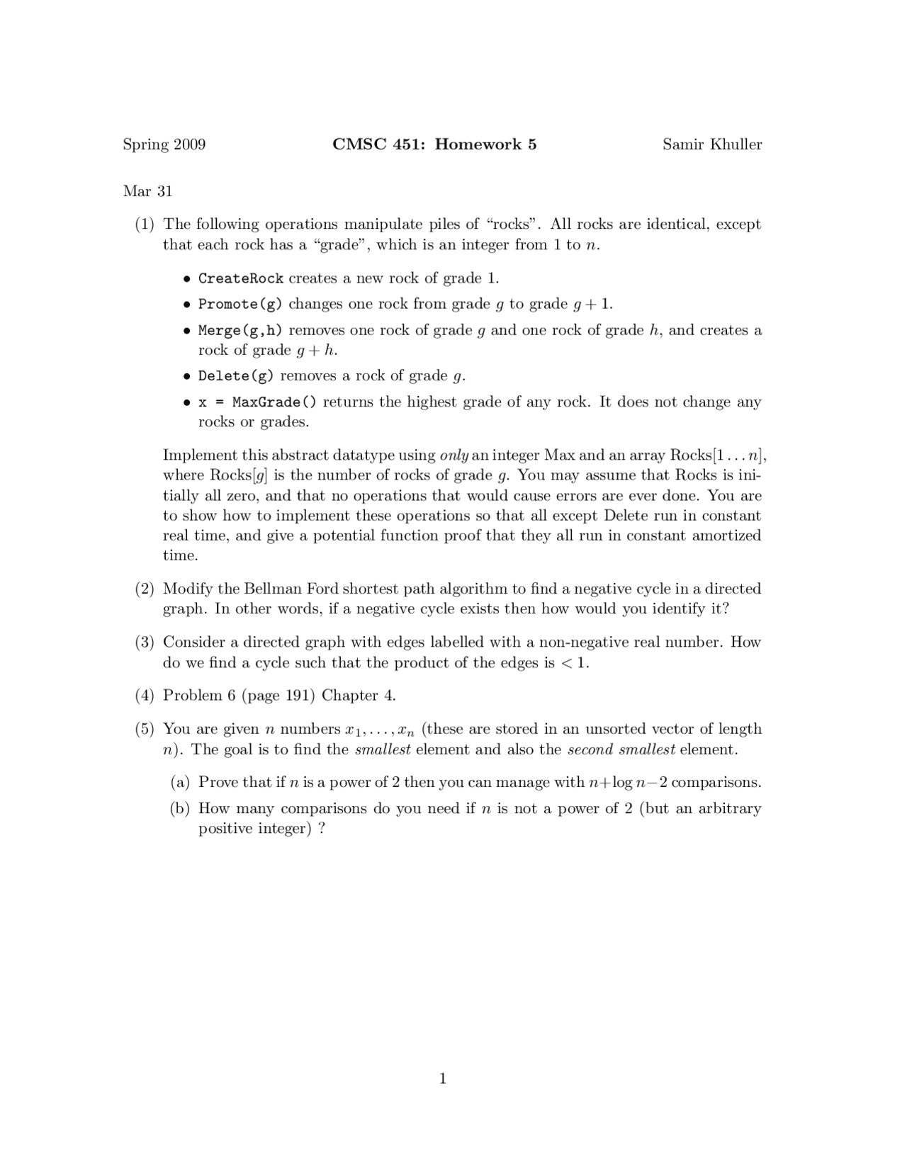 5 Questions on Operations of Manipulate Piles - Homework 5 | CMSC 451 - Docsity