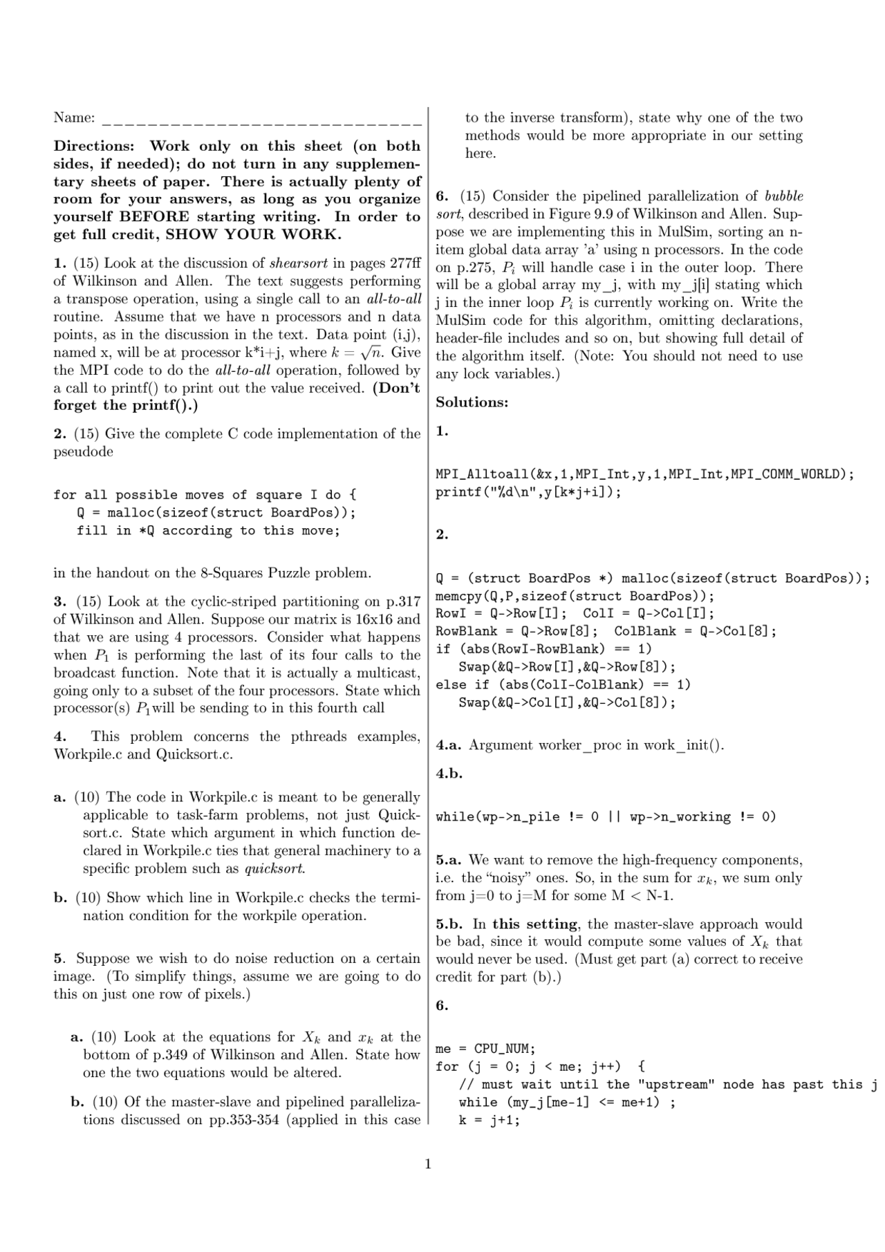 Solutions For Exam I Parallel Architectures Ecs 158 Docsity