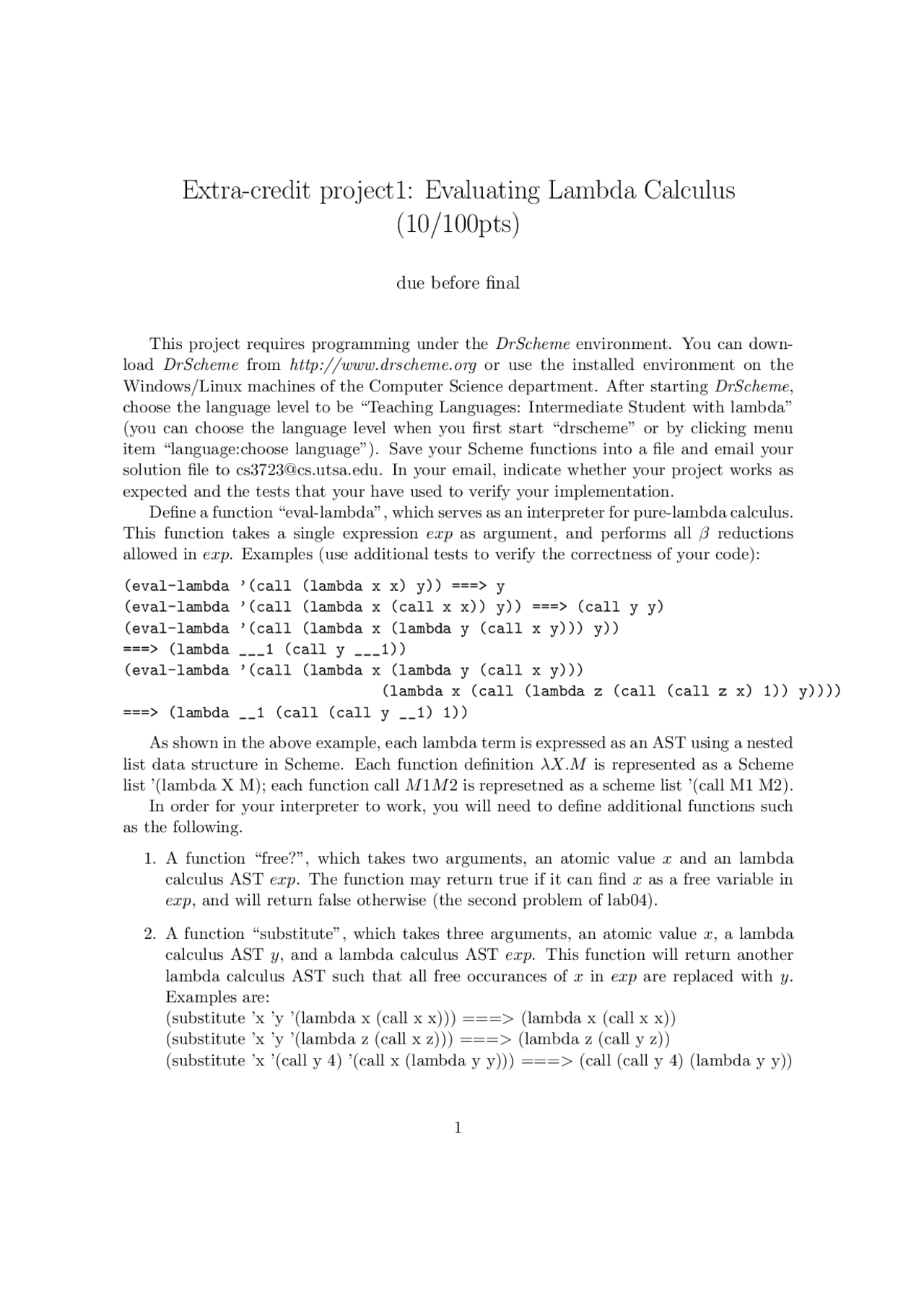 Project 1 Evaluating Lambda Calculus Programming Languages Cs 3723