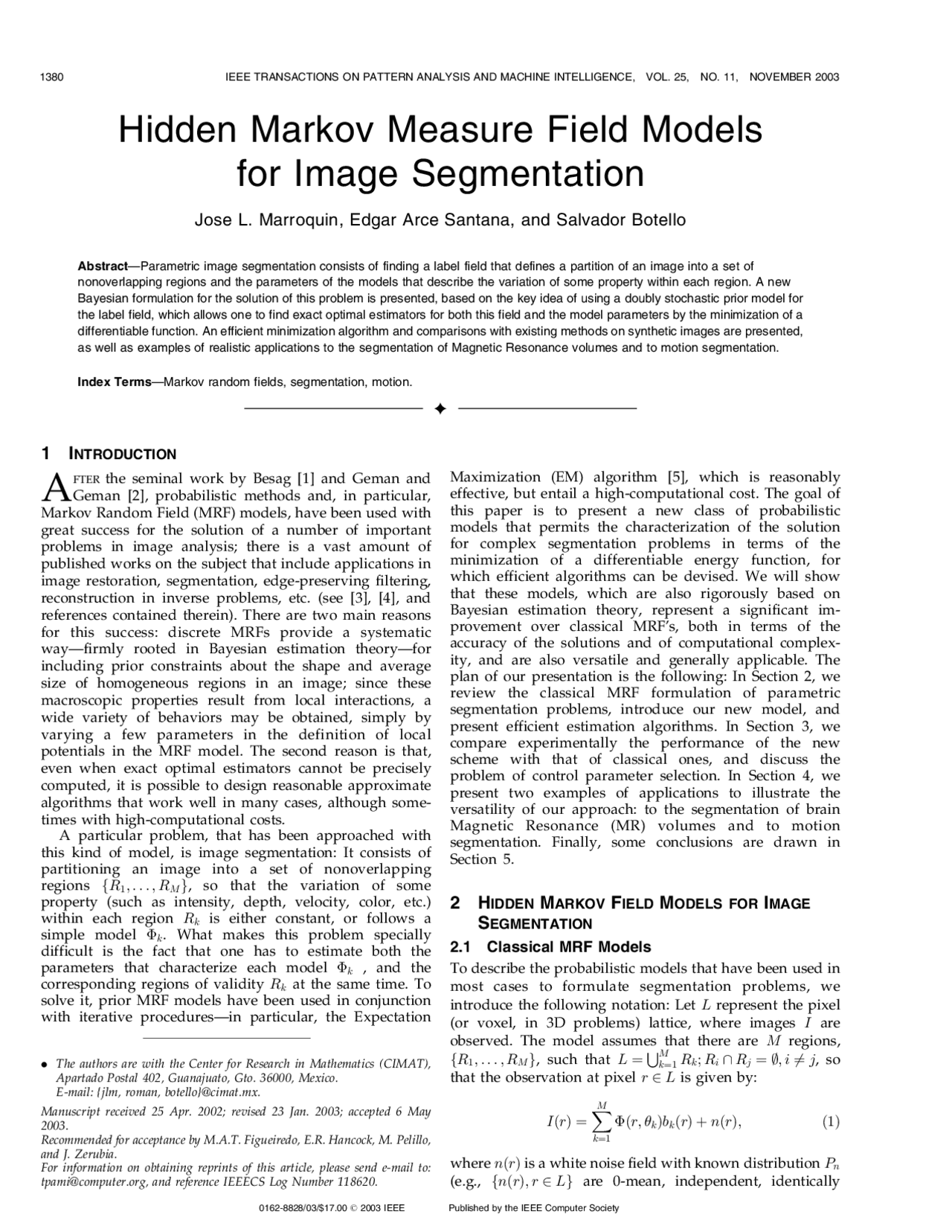 Hidden Markov Measure Field Models for the Image Segmentation | CS T101 - Docsity