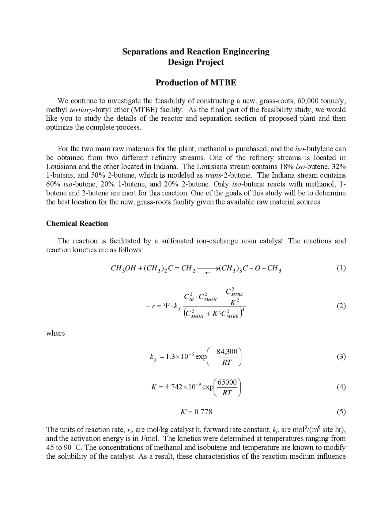 Design Project for Production of MTBE | CHE T312 | Study Guides ...