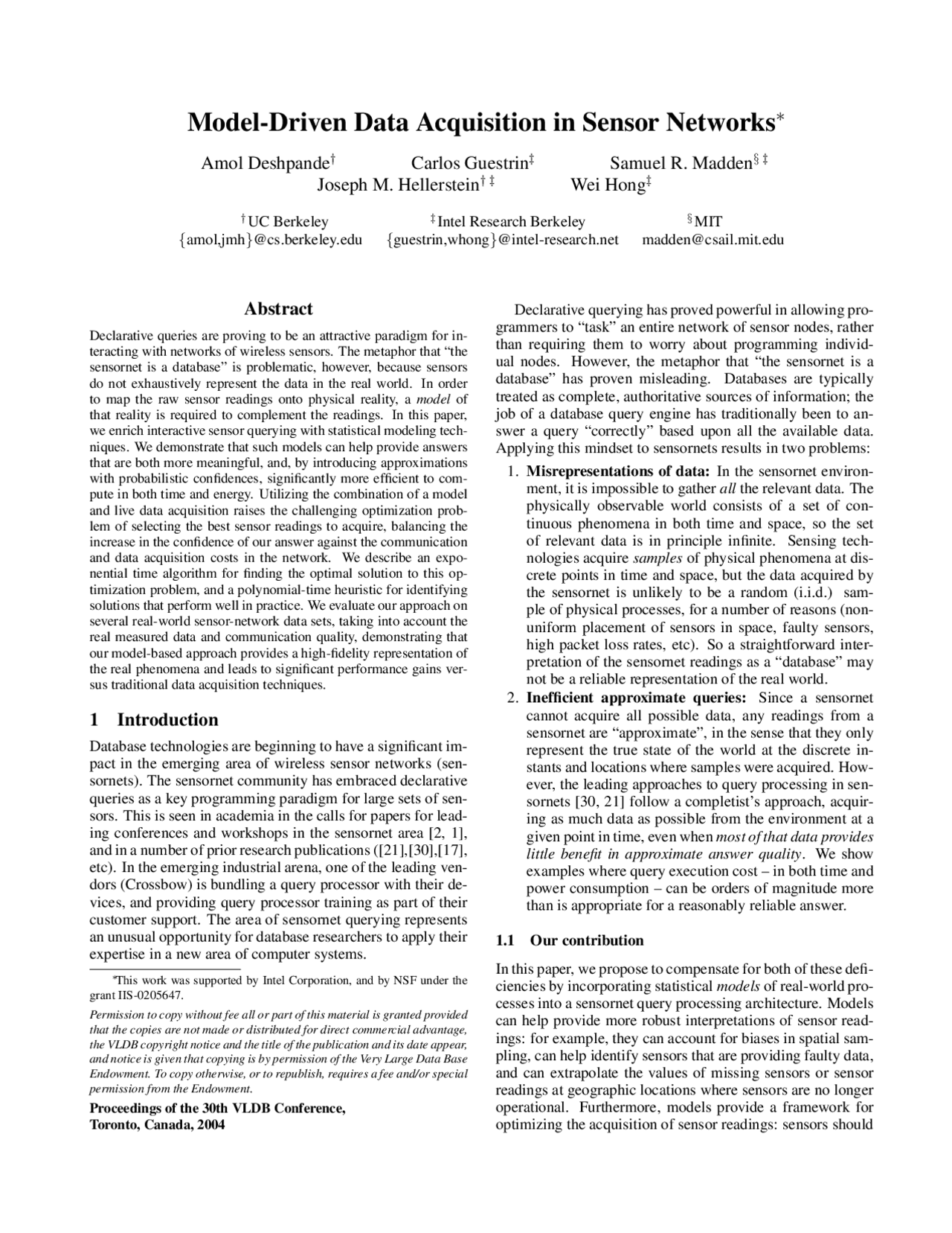 Model Driven Data Acquisition In Sensor Networks Paper Cmsc 724