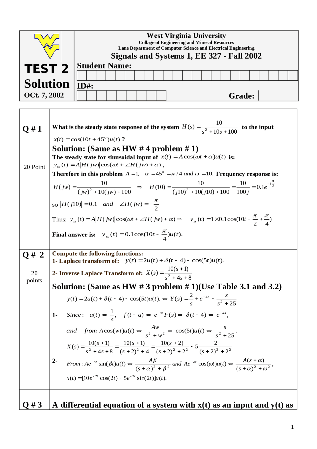 Exam 2 With Solution Signals And Systems 1 Ee 327 Docsity