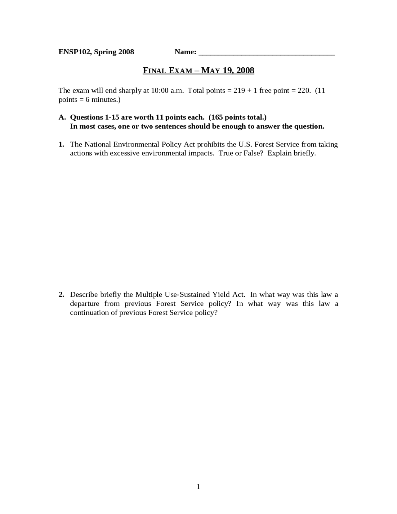 Introduction To Environmental Policy Final Exam Ensp 102 Docsity
