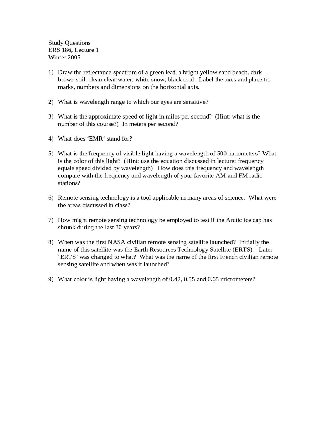 9 Questions On Environmental Remote Sensing Examination Ers 186