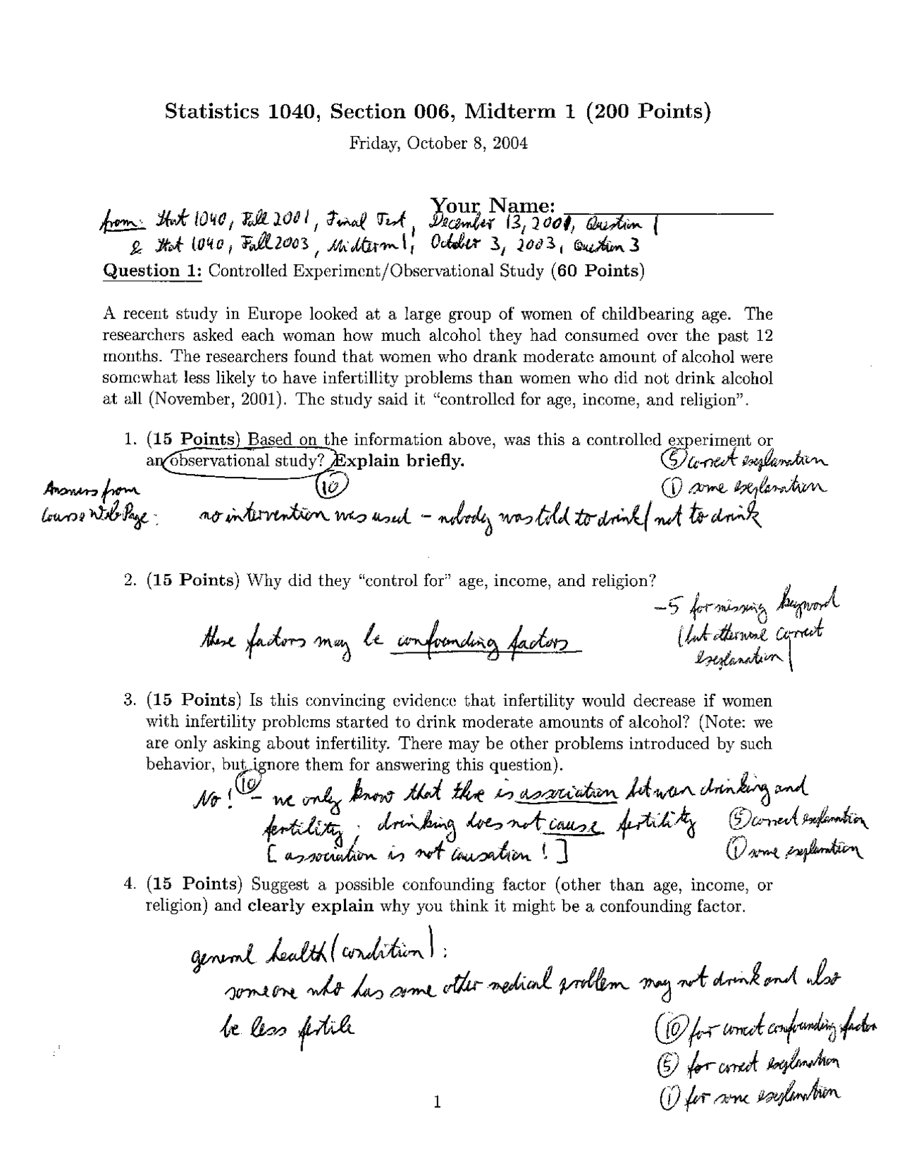 Midterm 1 With Solutions Fall 2004 Introduction To Statistics Stat 1040 Docsity