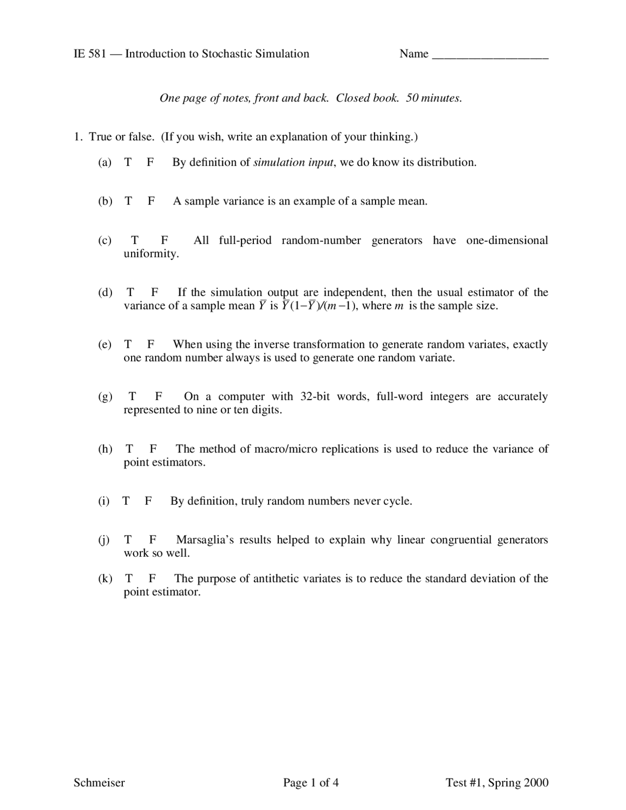 Exam With 7 Problems Simulation Design And Analysis Ie 58100 Docsity