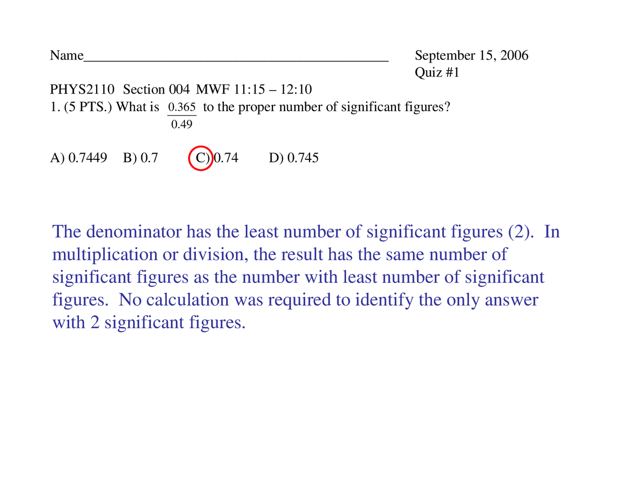 Solutions To Quiz 1 Calculus Based Physics I Phys 2110 Docsity