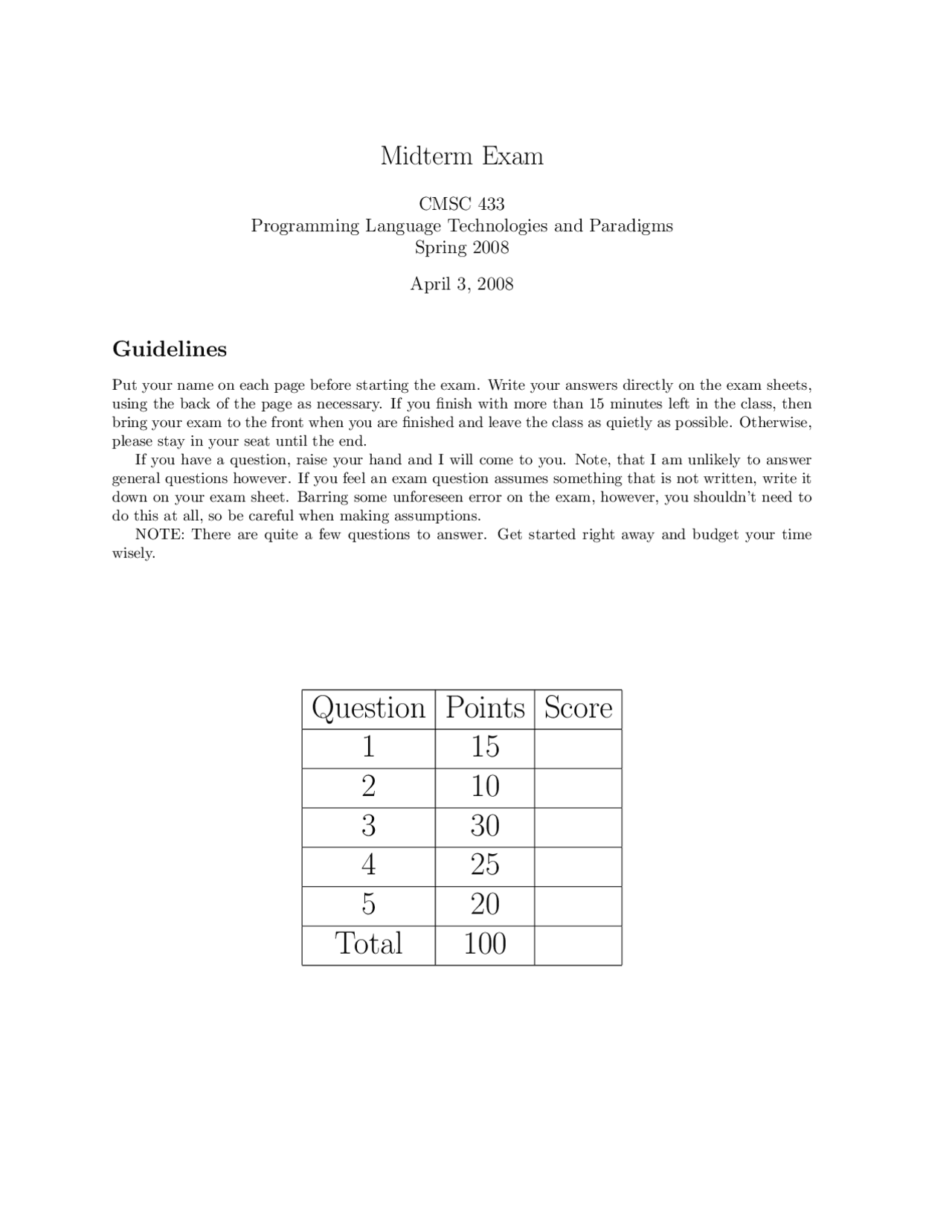 Programming Language Technologies And Paradigms Midterm Cmsc 433 3068