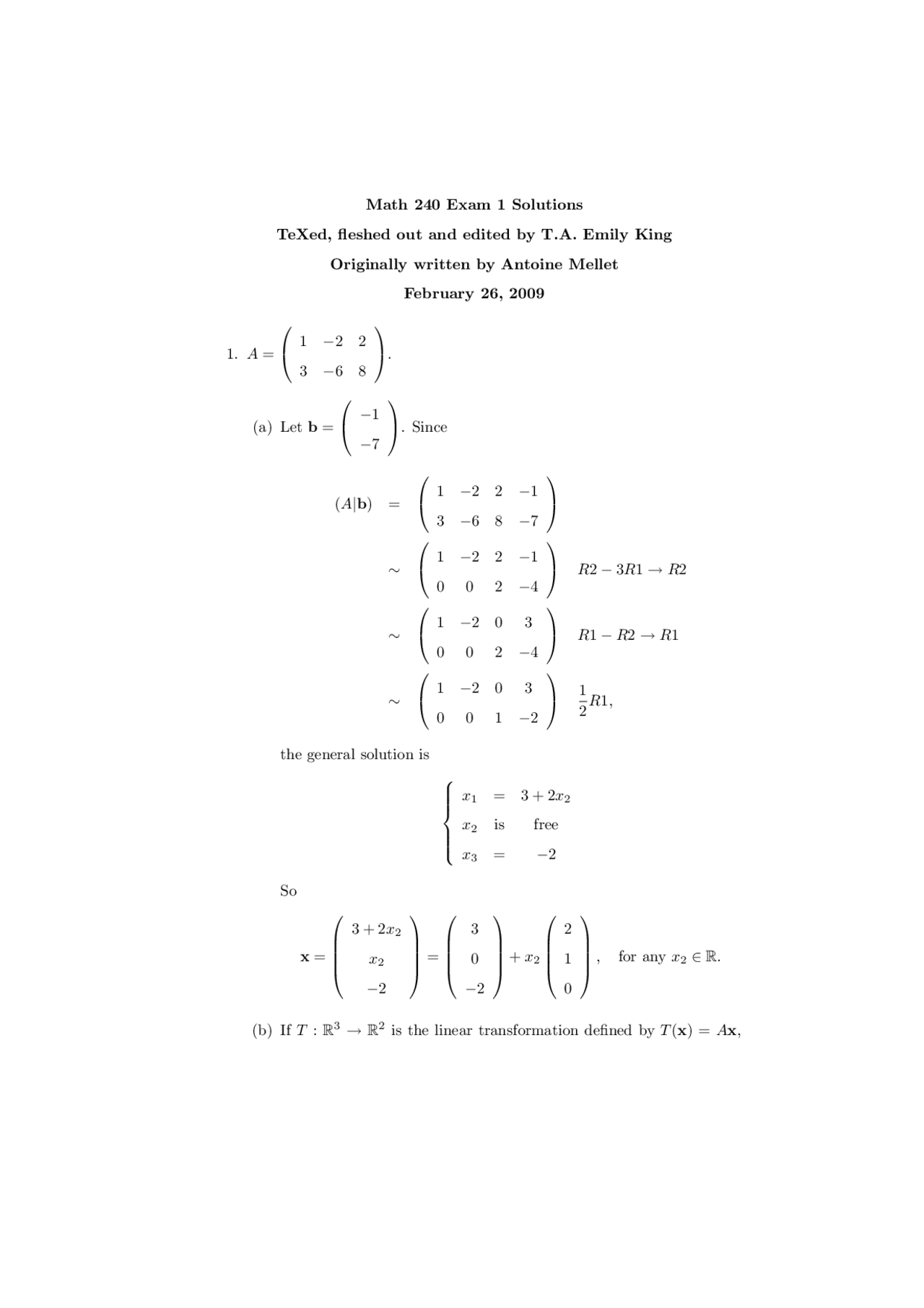 Exam 1 Solutions | Introduction to Linear Algebra | MATH 240 - Docsity