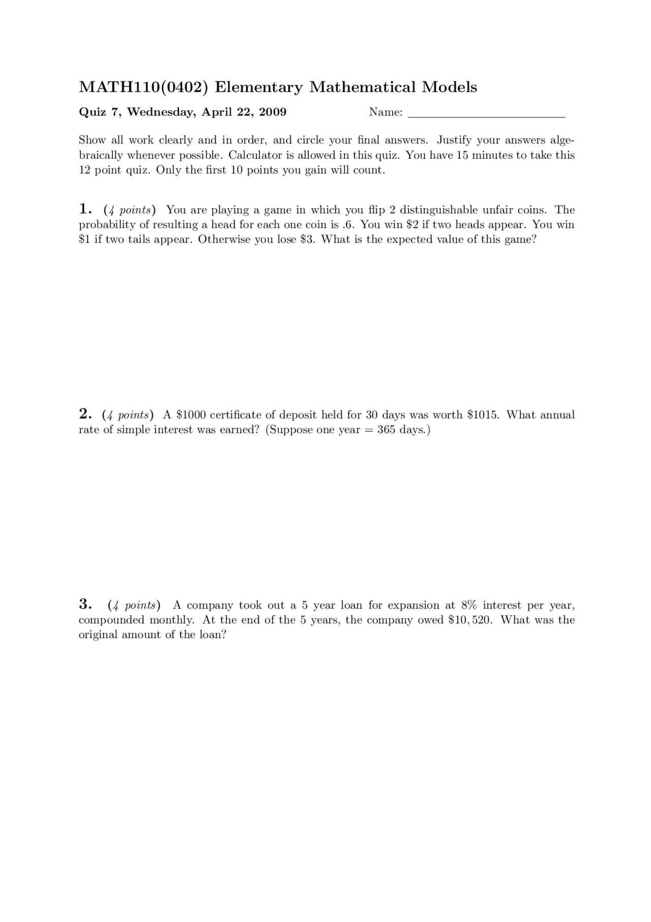 Quiz 7 Unsolved Questions On Elementary Mathematics Models Math 110