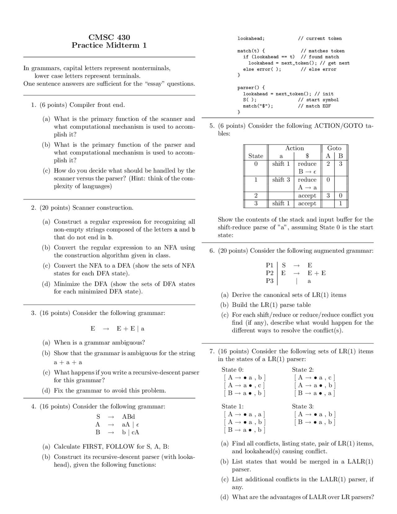 Practice Midterm Exam 1 Introduction To Compilers Cmsc 430 Docsity