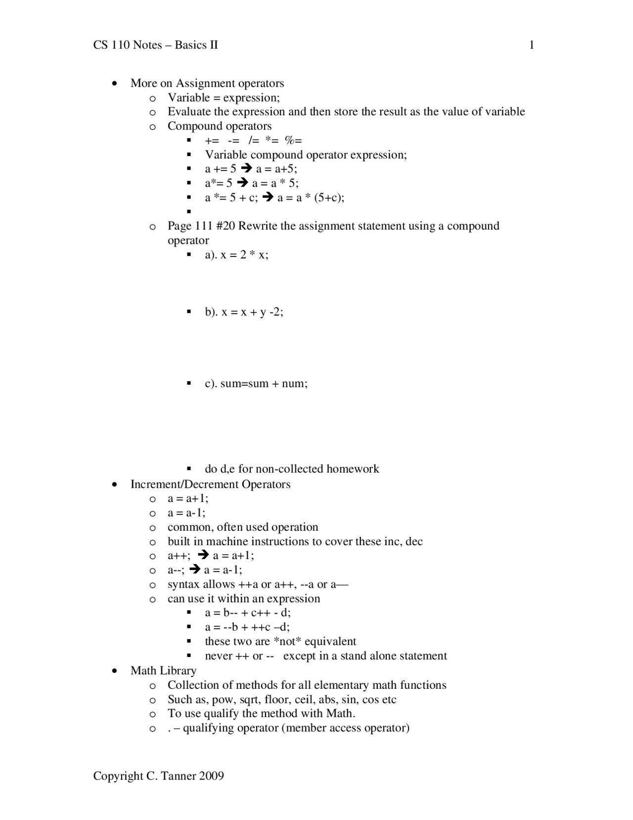 Cs 110 Notes Basics Ii Operators Math Library String Data Type Formatting Doubles