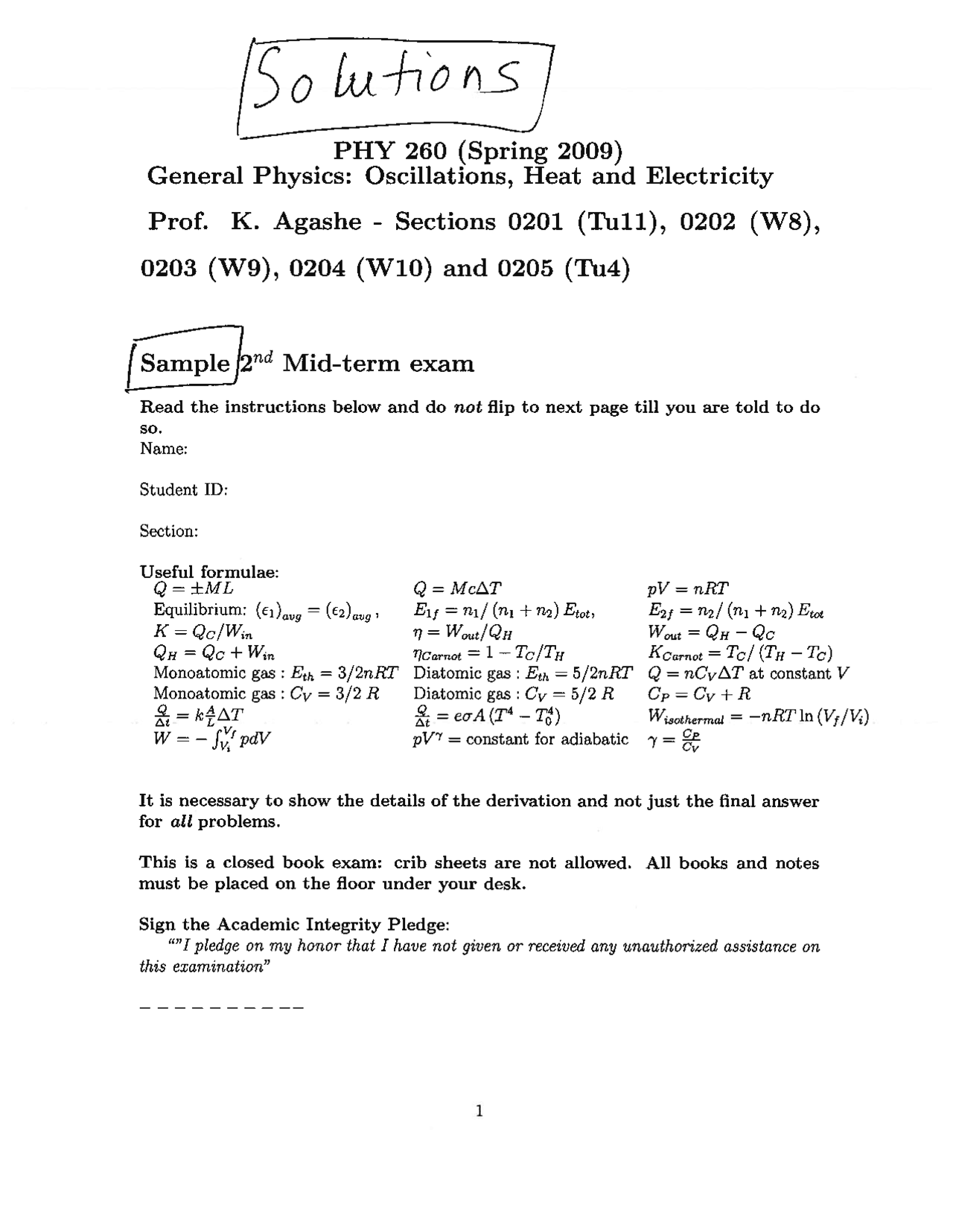 General Physics: Oscillations, Heat and Electricity | PHYS 260 | Exams Physics | Docsity