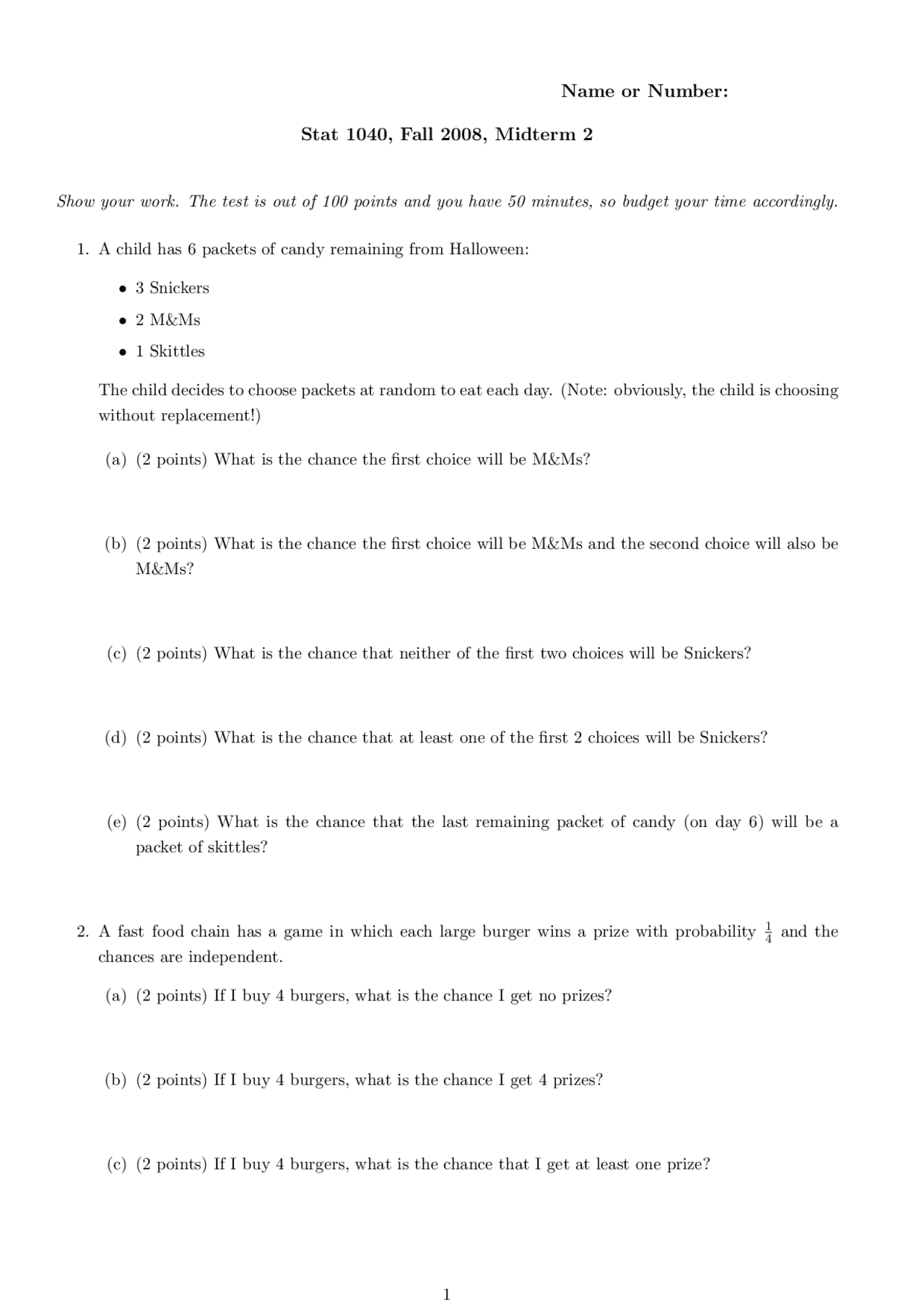 Practice Midterm 2 Introduction To Statistics Stat 1040 Docsity