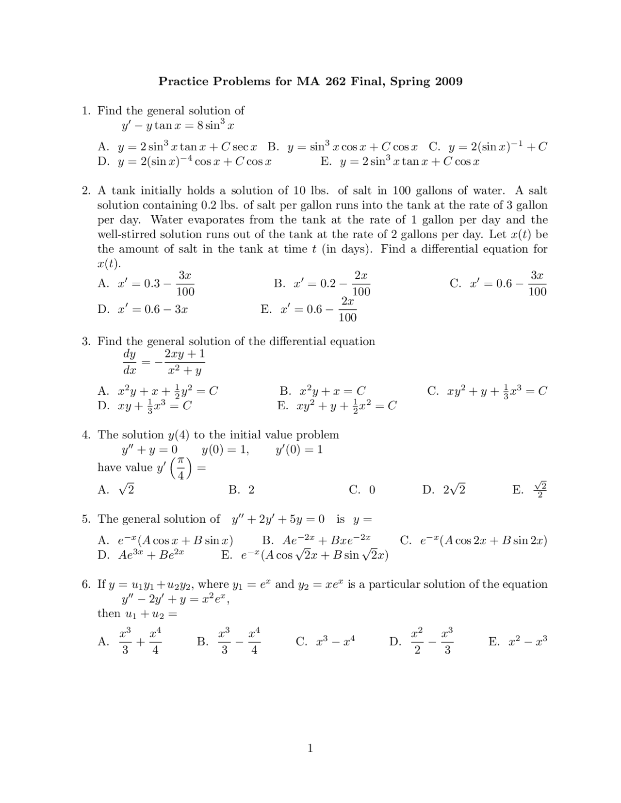 Linear Algebra and Differential Equations - Final Exam | MA 26200 - Docsity