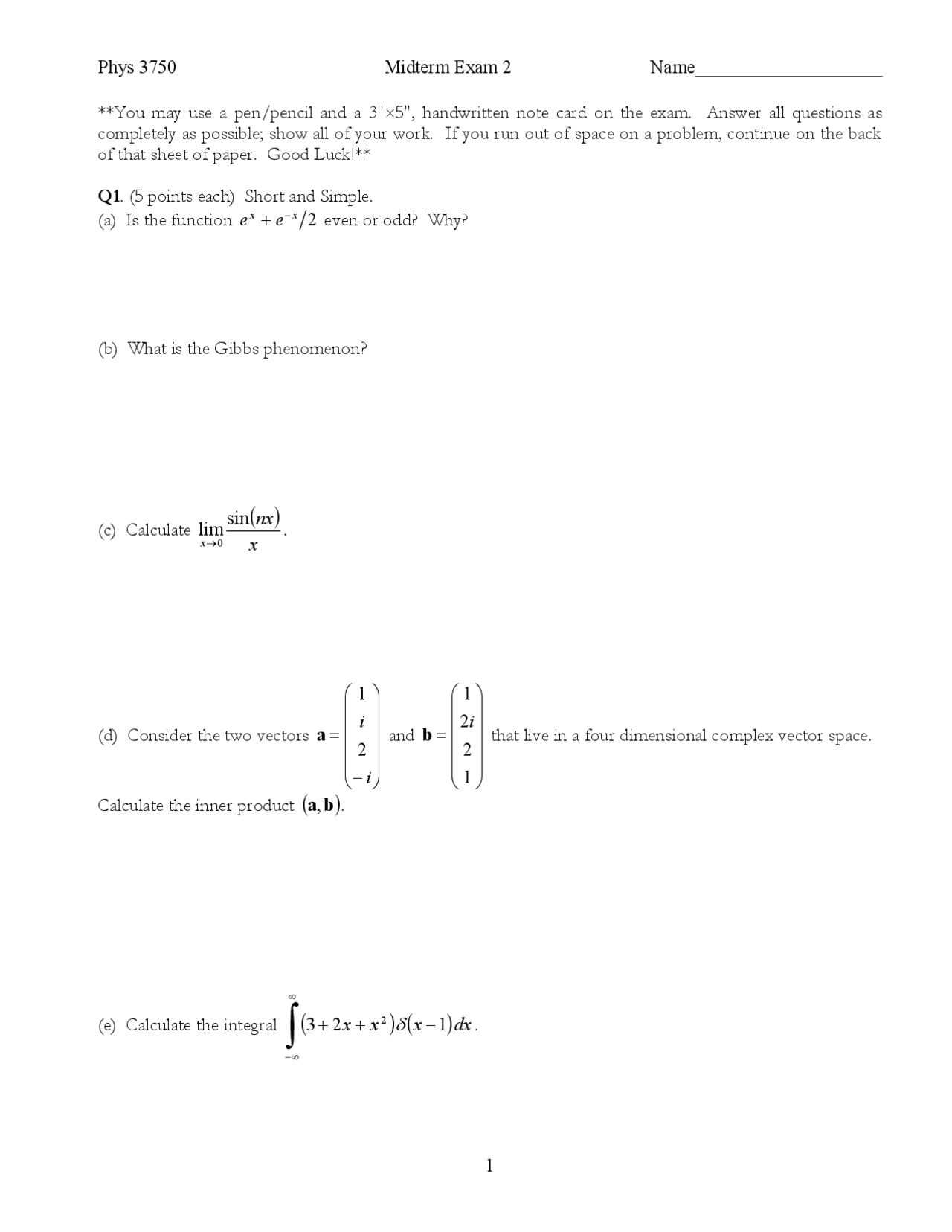 Physics 3750 Midterm Exam 2 - Prof. David M. Riffe | Exams Physics | Docsity