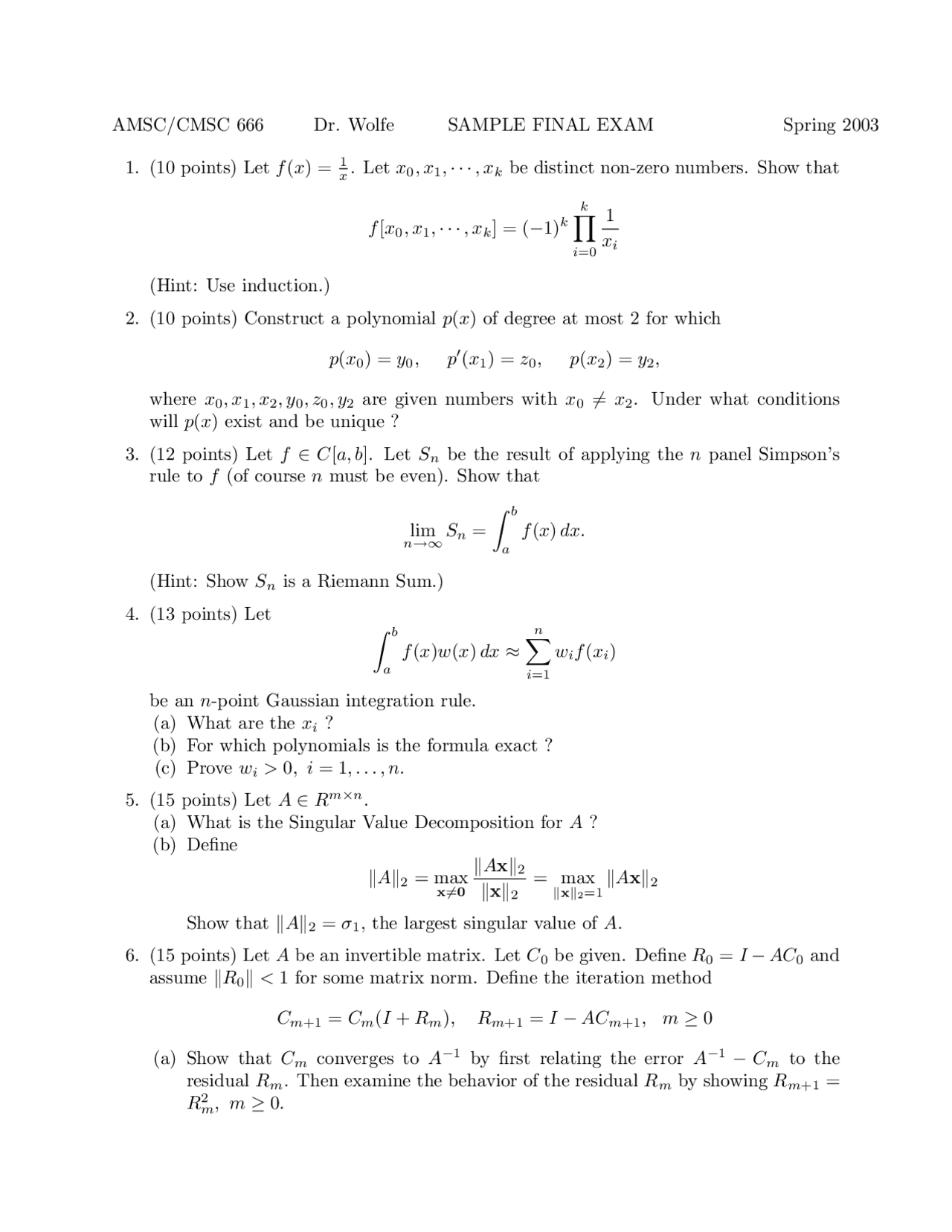 Numerical Analysis I Sample Final Exam Fall 2008 Cmsc 666 Docsity