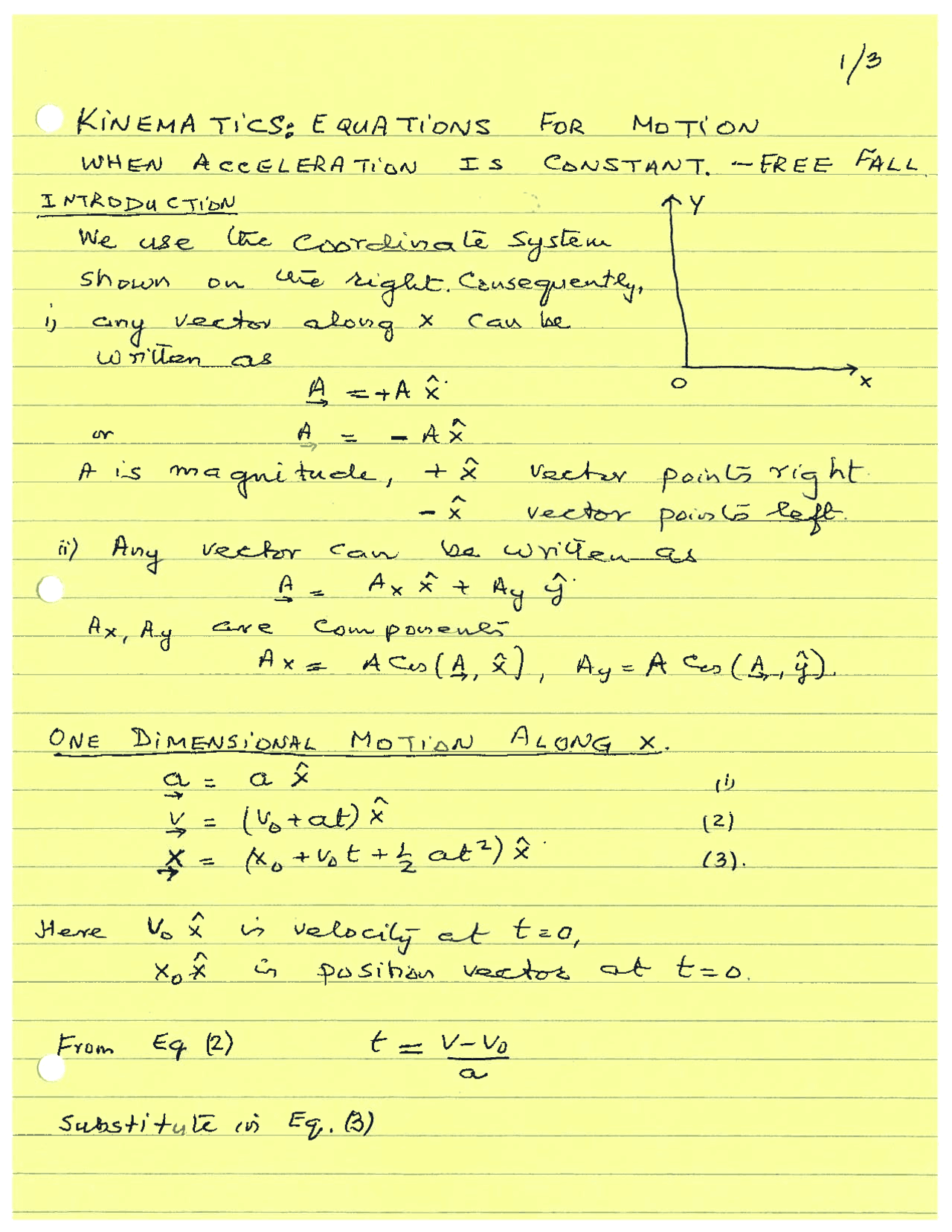 Notes On Kinematics Equations For Motion Phys 121 Docsity