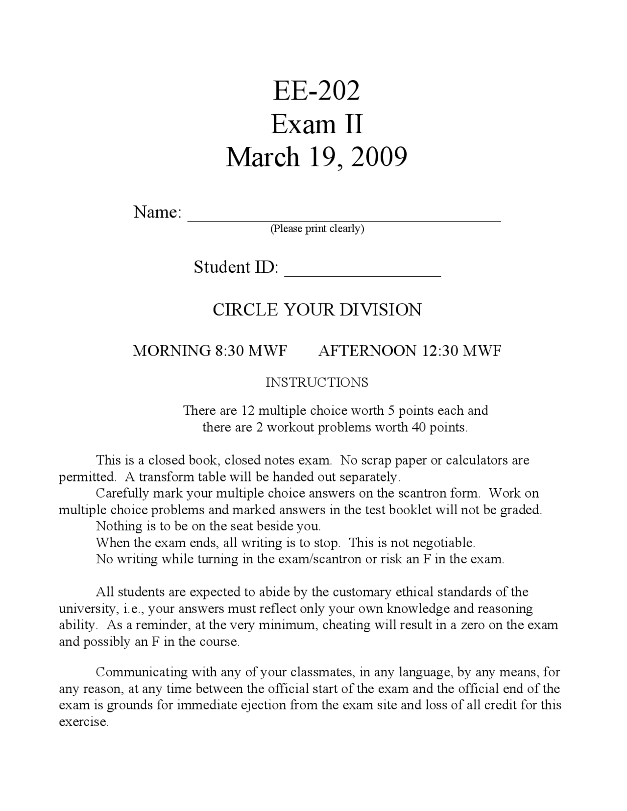 Linear Circuit Analysis II - Solved Exam II - Fall 2009 | ECE 20200 - Docsity