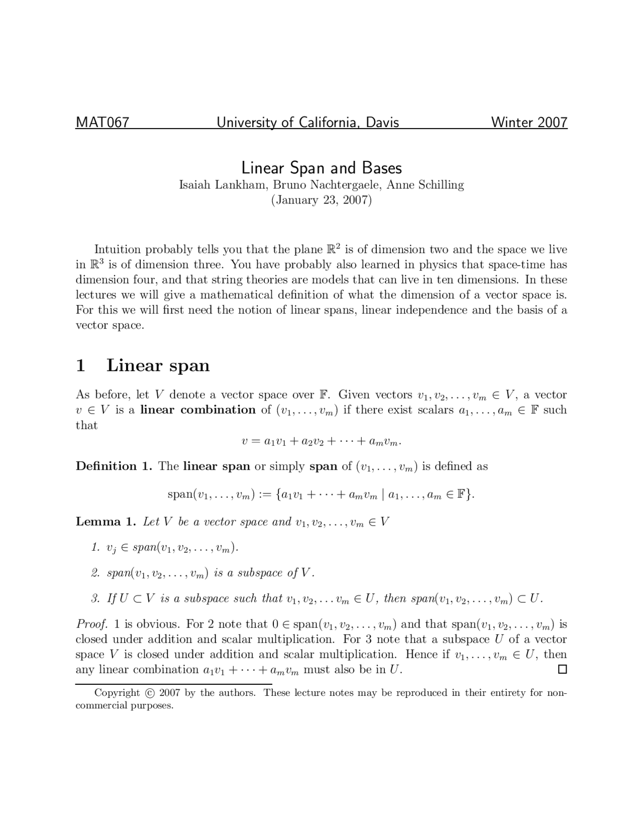 Linear Span, Linear Independence, and Bases in Vector Spaces - Prof ...