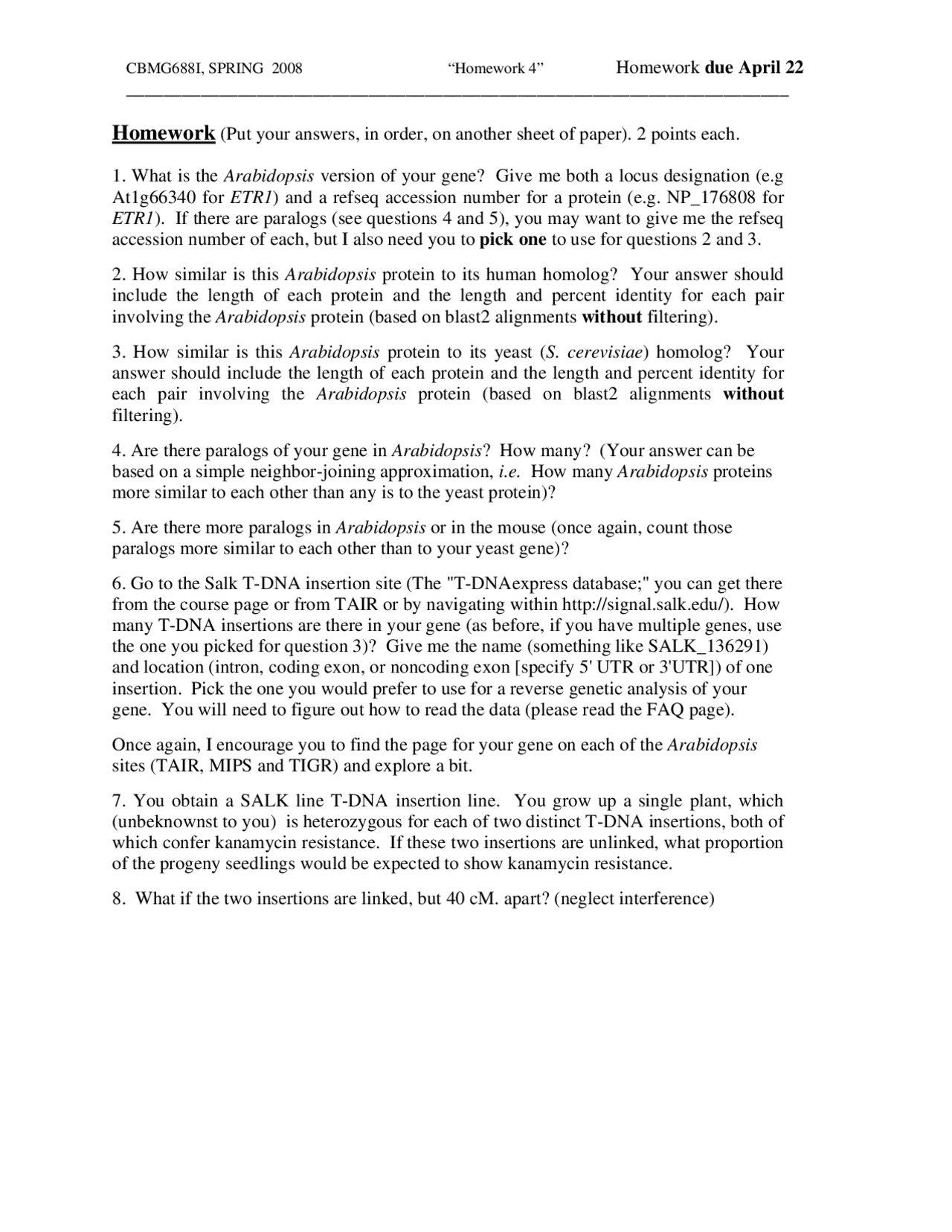 Homework 4 Questions Genetics Ii Cbmg 688i Docsity
