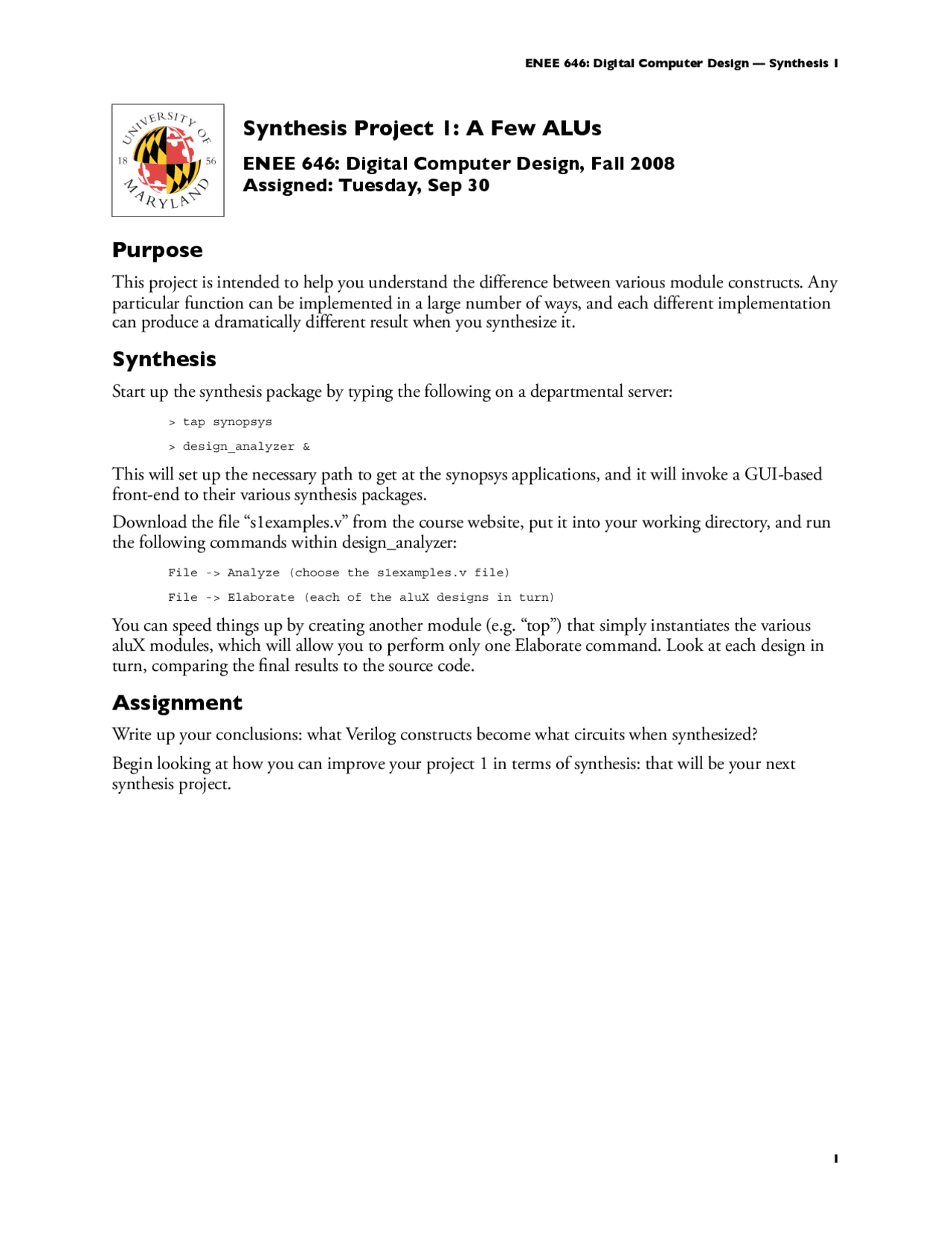 Synthesis Project 1: Understanding ALU Constructs in Digital Computer Design - Prof. Bruce ...
