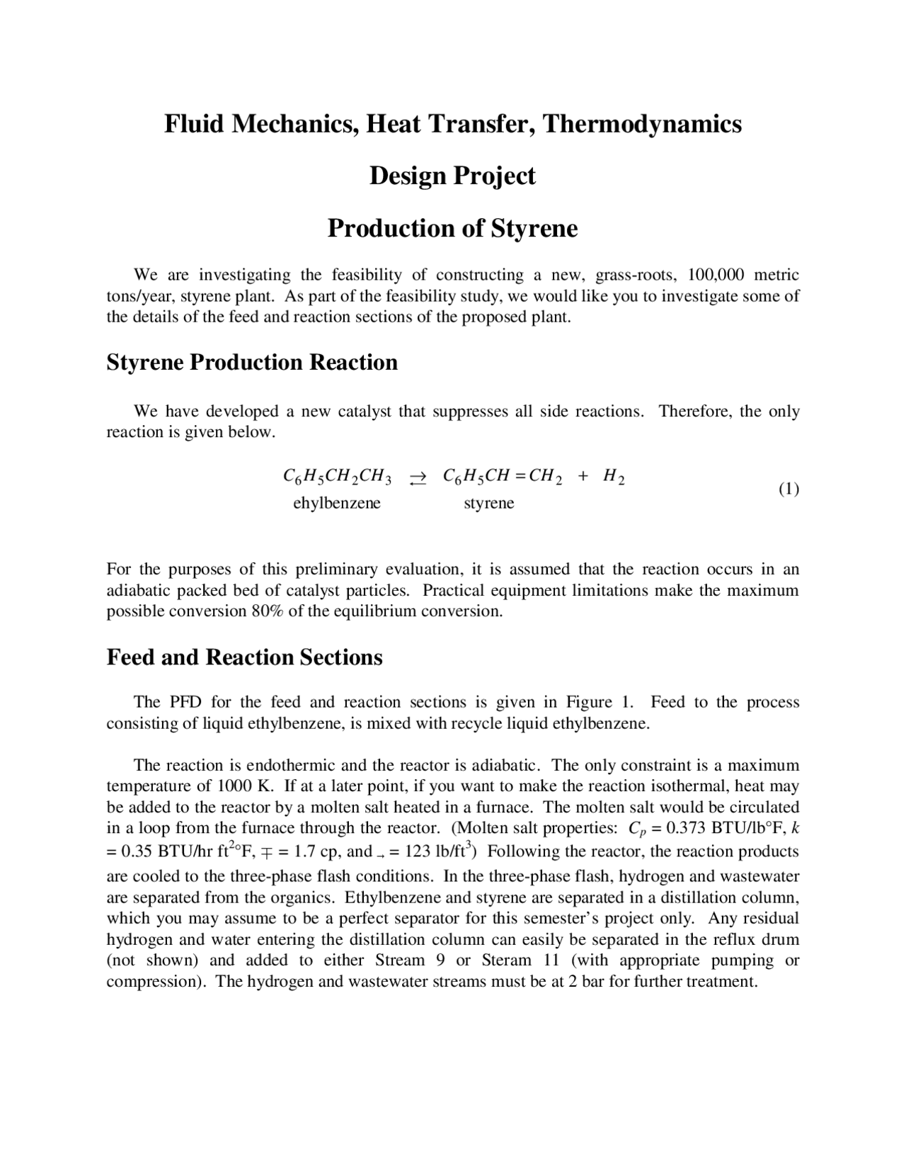 Styrene Production Reaction and Feed Sections - Project | CHE T312 ...