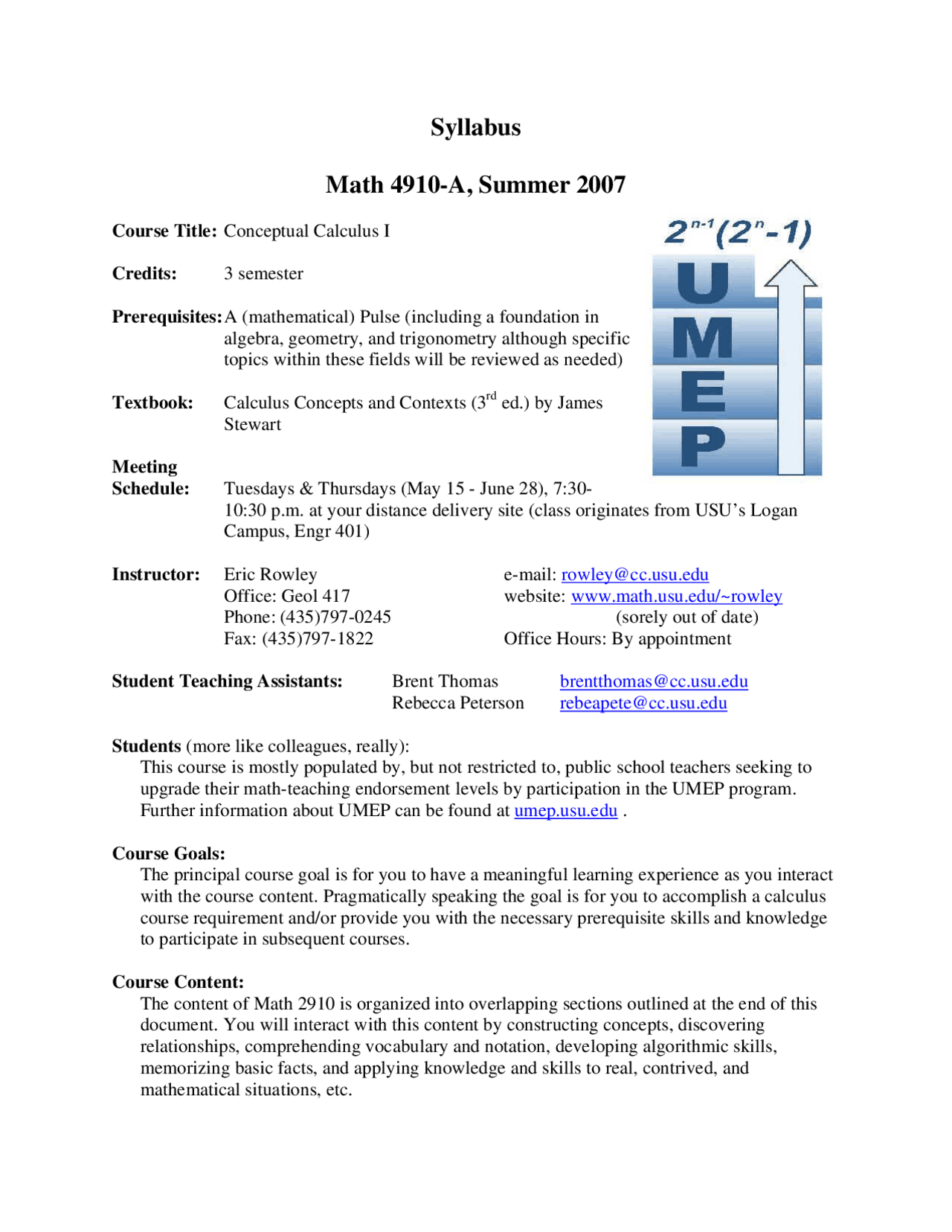 Concepts And Context Of Conceptual Calculus Syllabus Math 4910