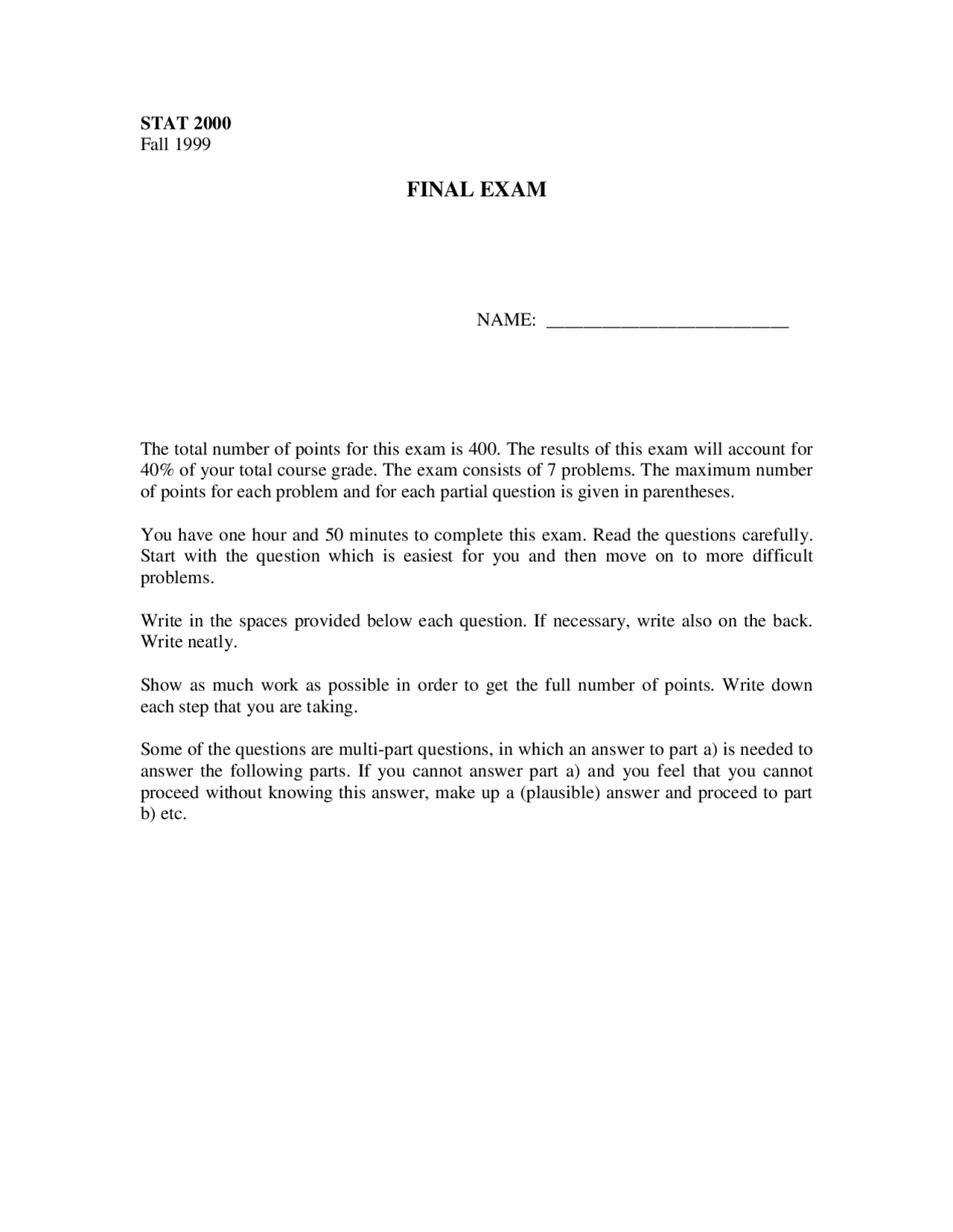 Statistical Methods Final Exam 1999 Stat 2000 Docsity