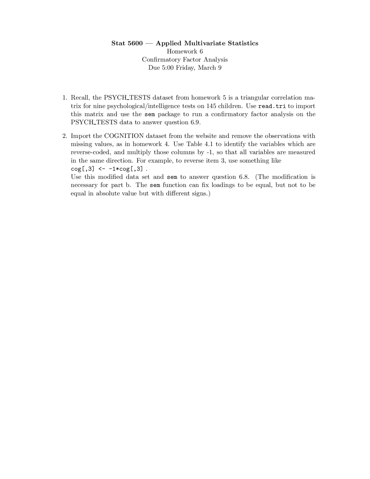Homework 6 Applied Multivariate Statistics Stat 5600 Docsity