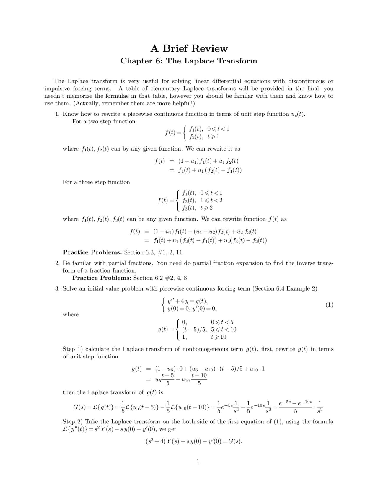 Chapter 6 The Laplace Transform Class Notes To Review Ma 26600