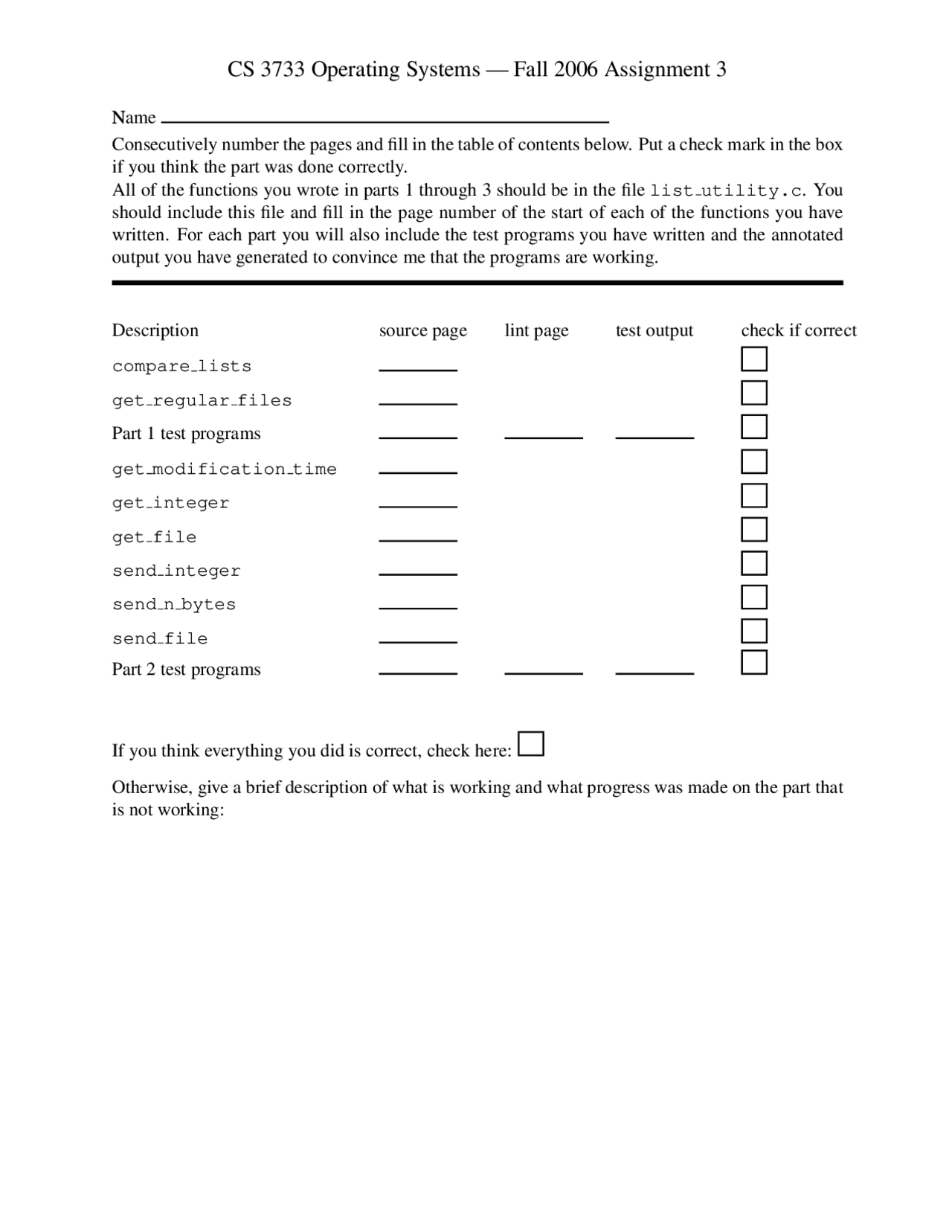 Cs 3733 Operating Systems Assignment 3 Fall 2006 Assignments Operating Systems Docsity