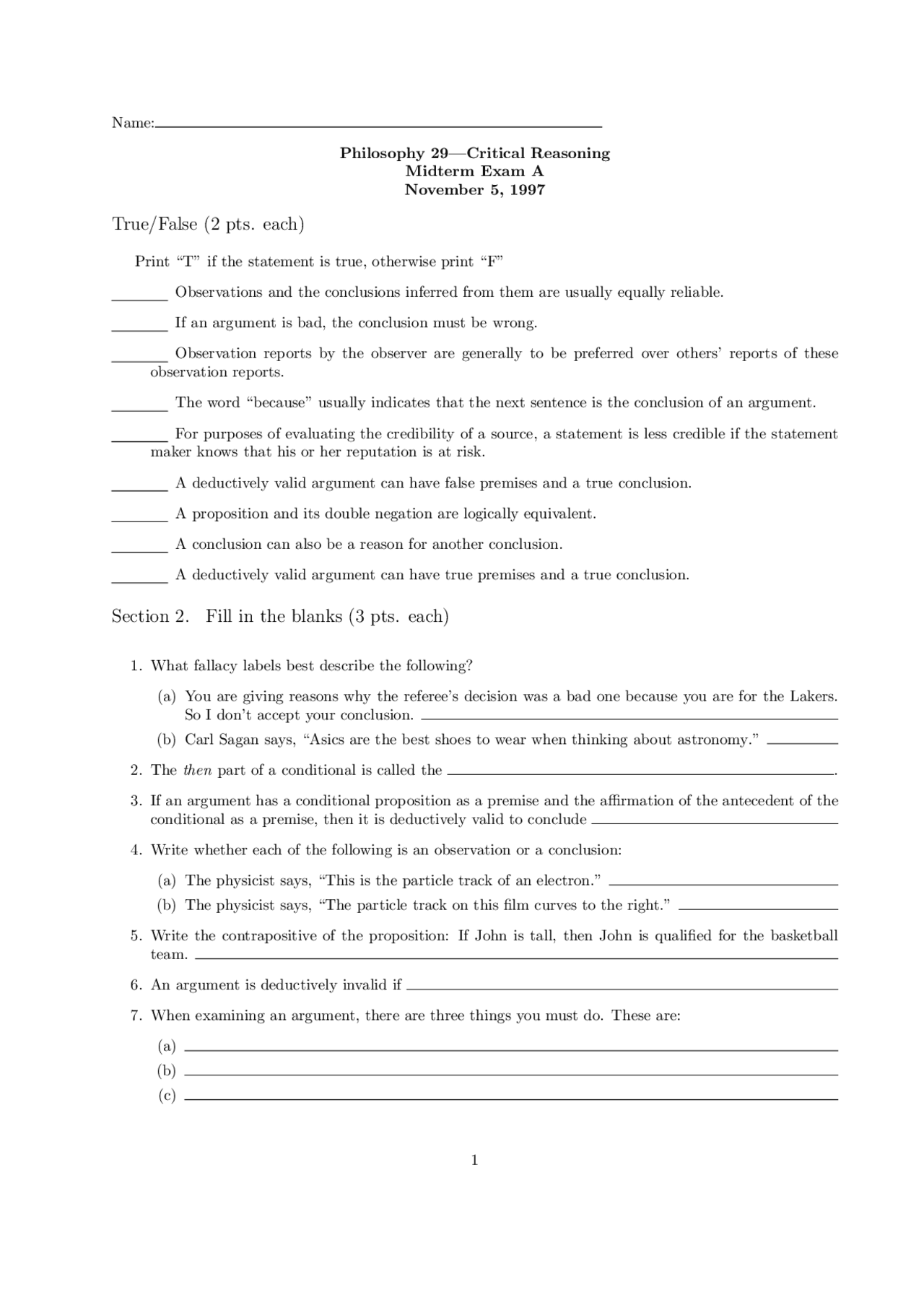 Midterm Exam A With Answer Key Environmental Ethics Phil 29000