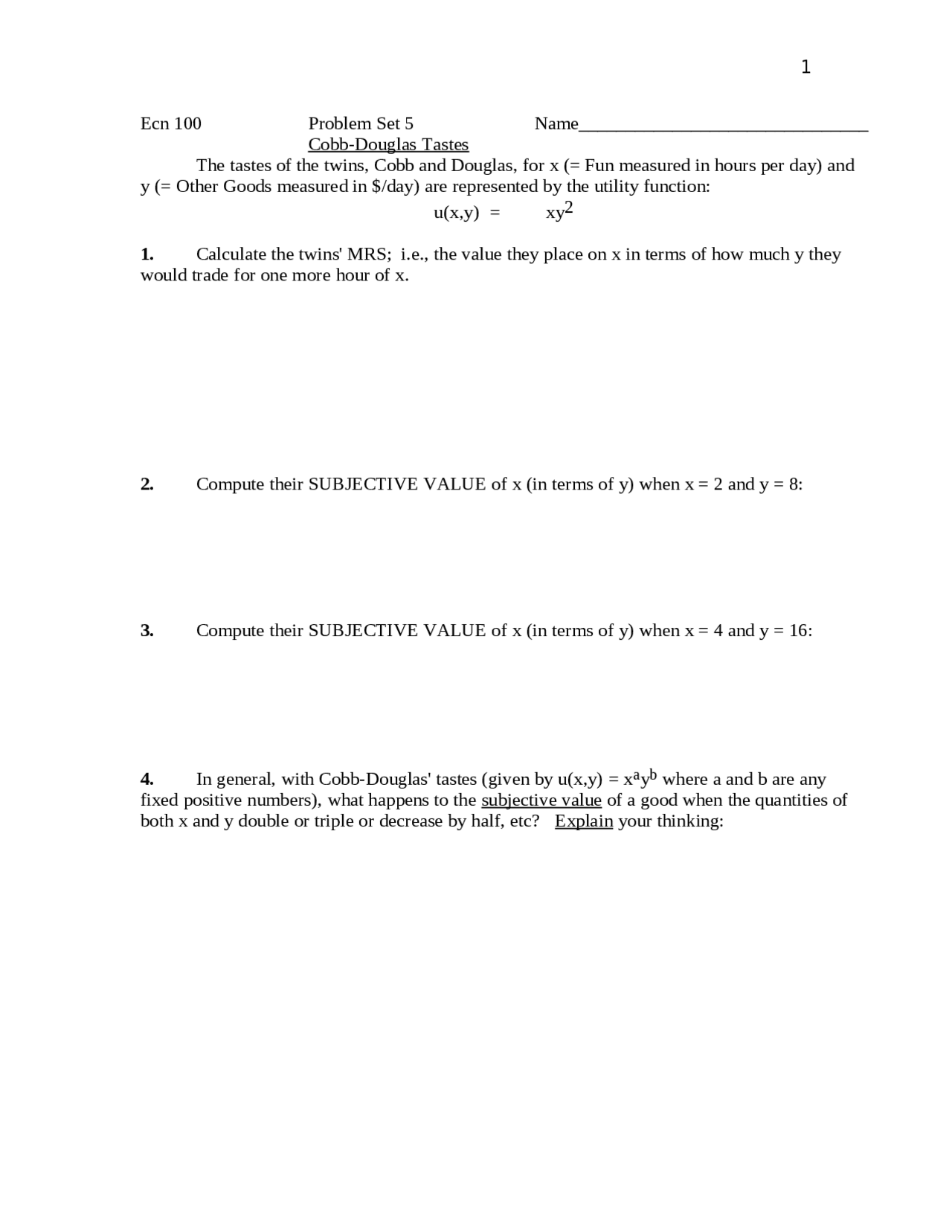 Intermediate Microeconomics Theory Problem Set 5 Ecn 100 Docsity