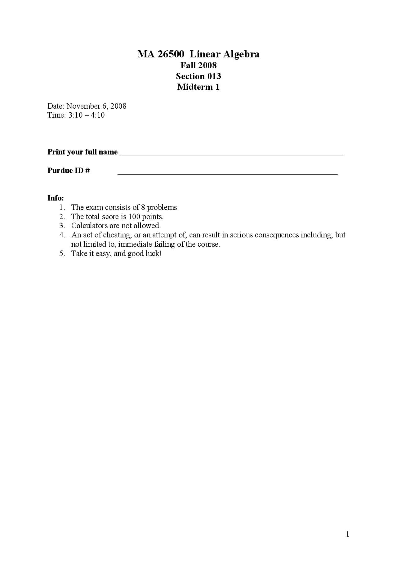 Midterm Exam Solutions Linear Algebra Ma 26500 Docsity