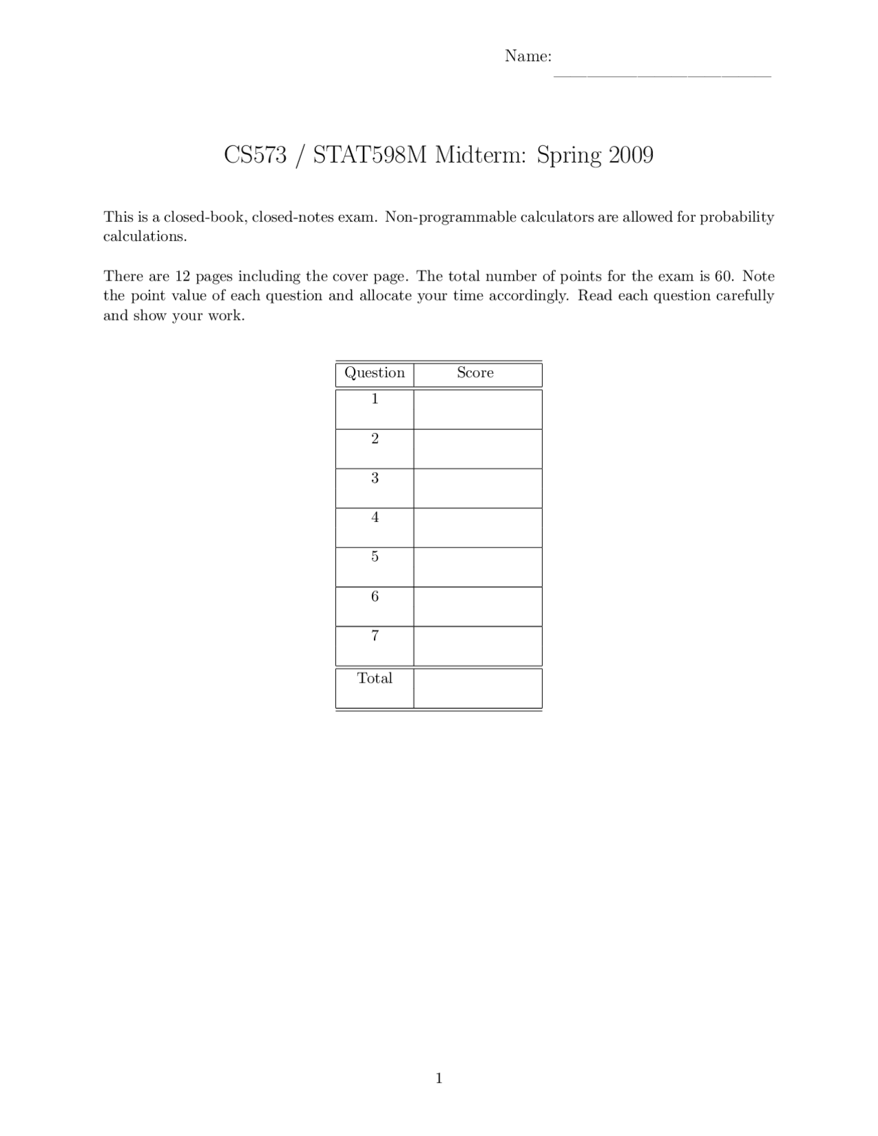 Midterm Exam With Solutions Data Mining Spring 2009 Cs 57300