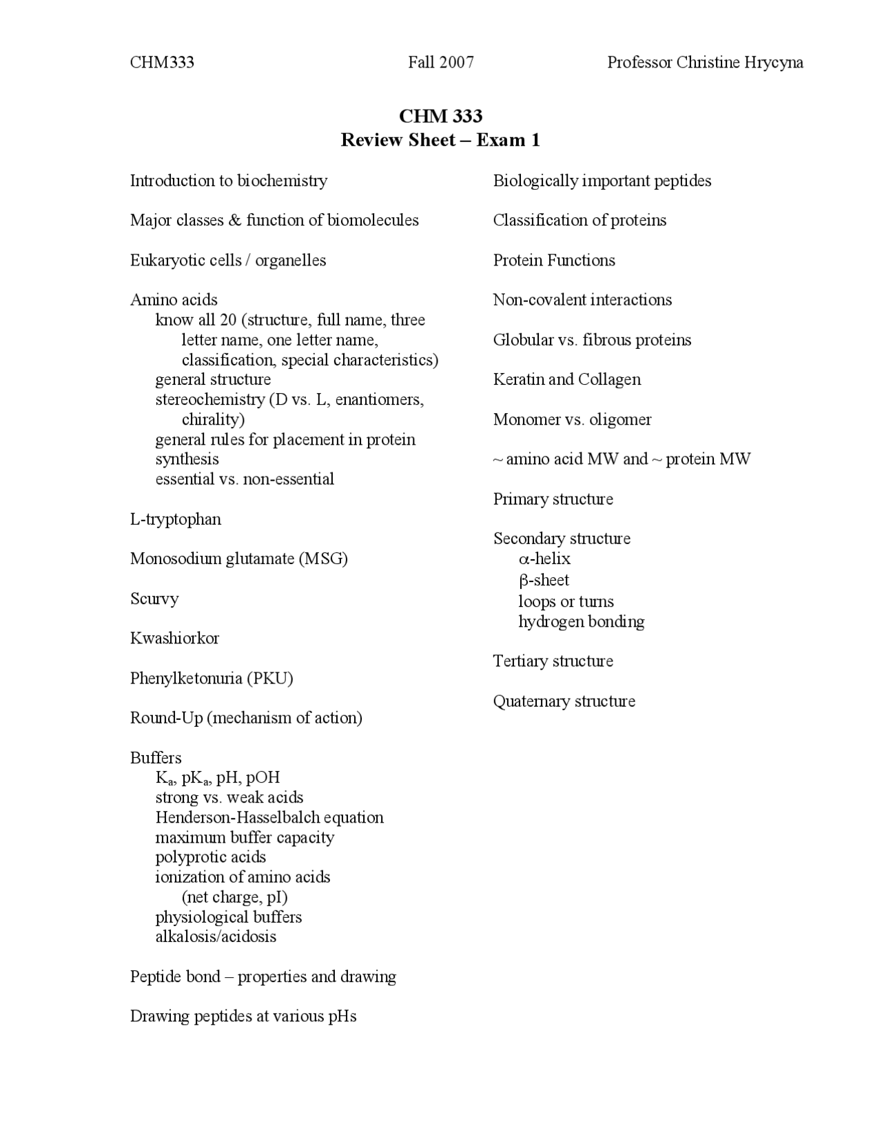 Review Sheet For Exam 1 Principles Of Biochemistry Fall 2007 Chm