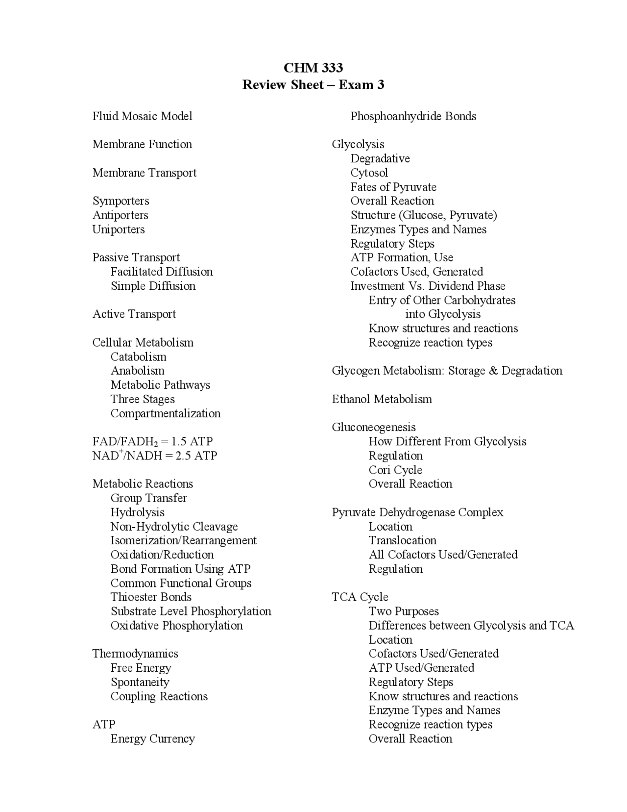 Review Sheet For Exam 3 Principles Of Biochemistry Chm 33300 Docsity