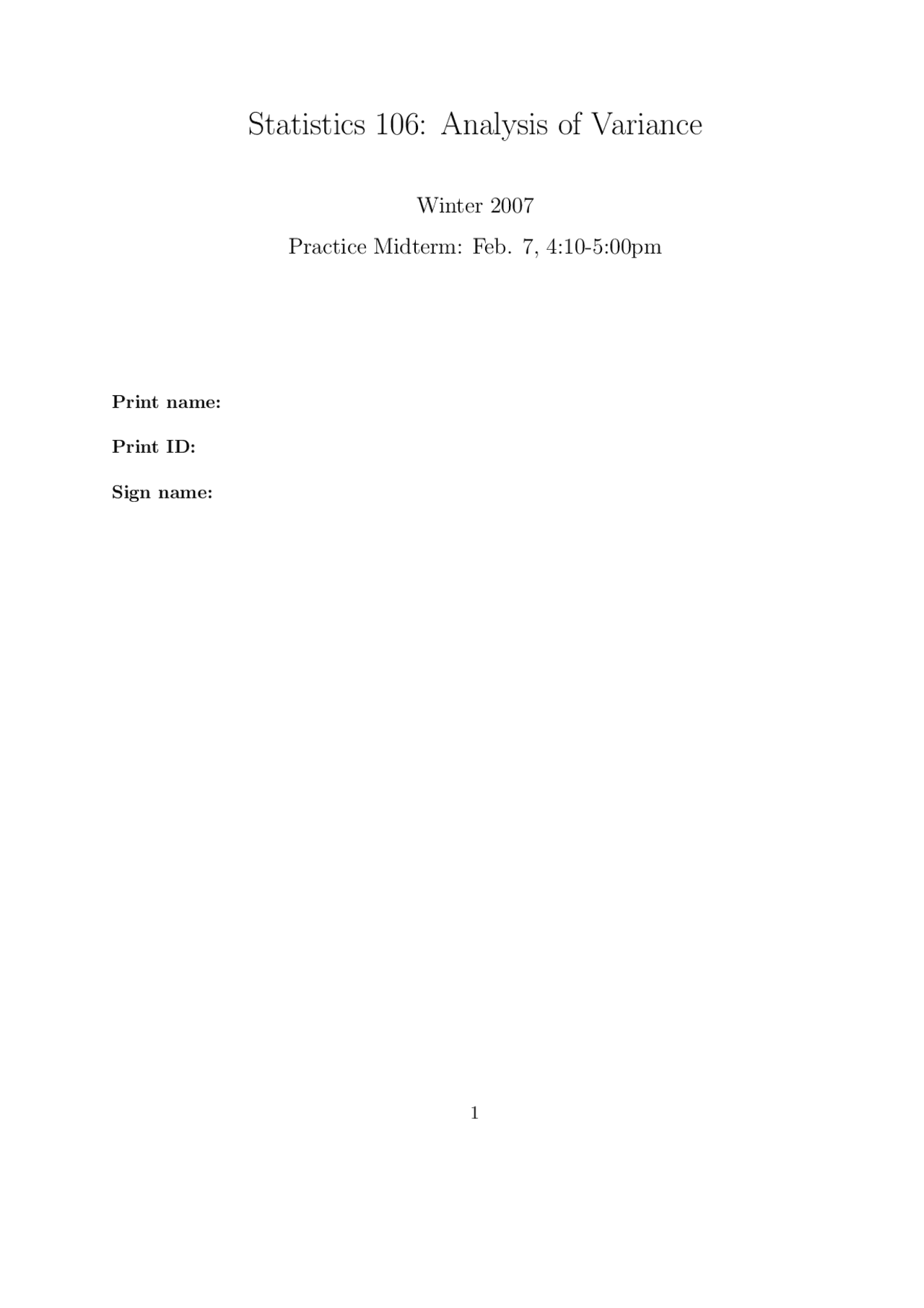 Practice Midterm Exam Questions Analysis Of Variance Sta 106 Docsity