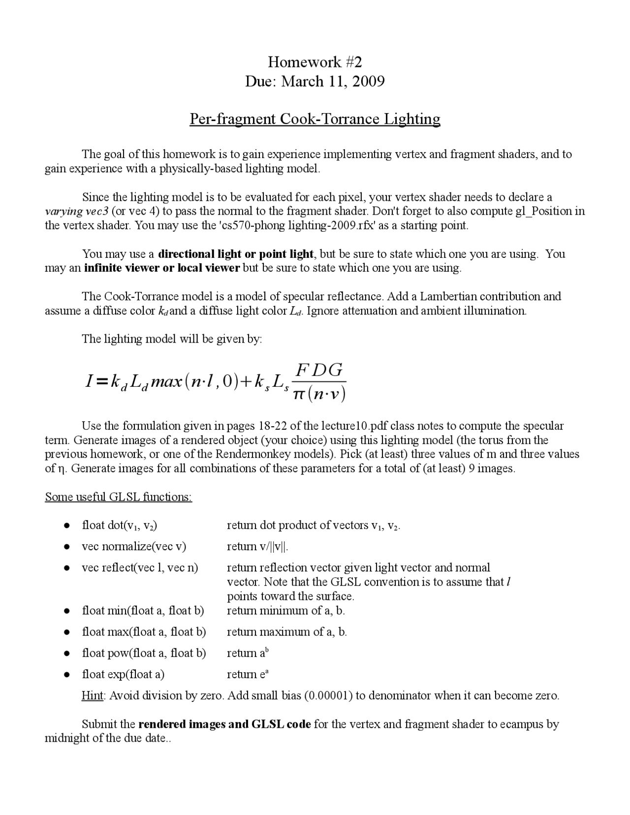Homework 2 Pre Fragment Cook Torrance Lighting Cs T101 Docsity 