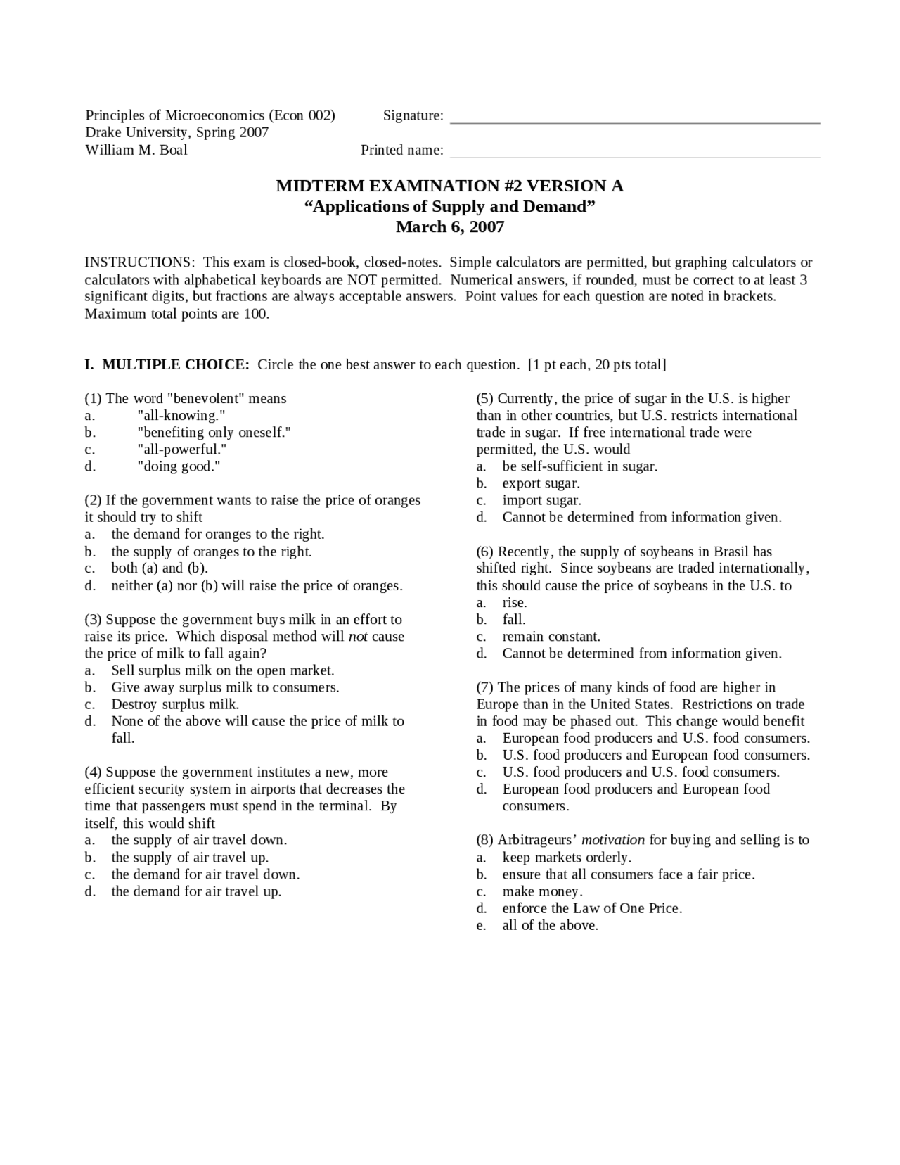 Application And Supply Demand Midterm Exam 2a Problems Econ 002