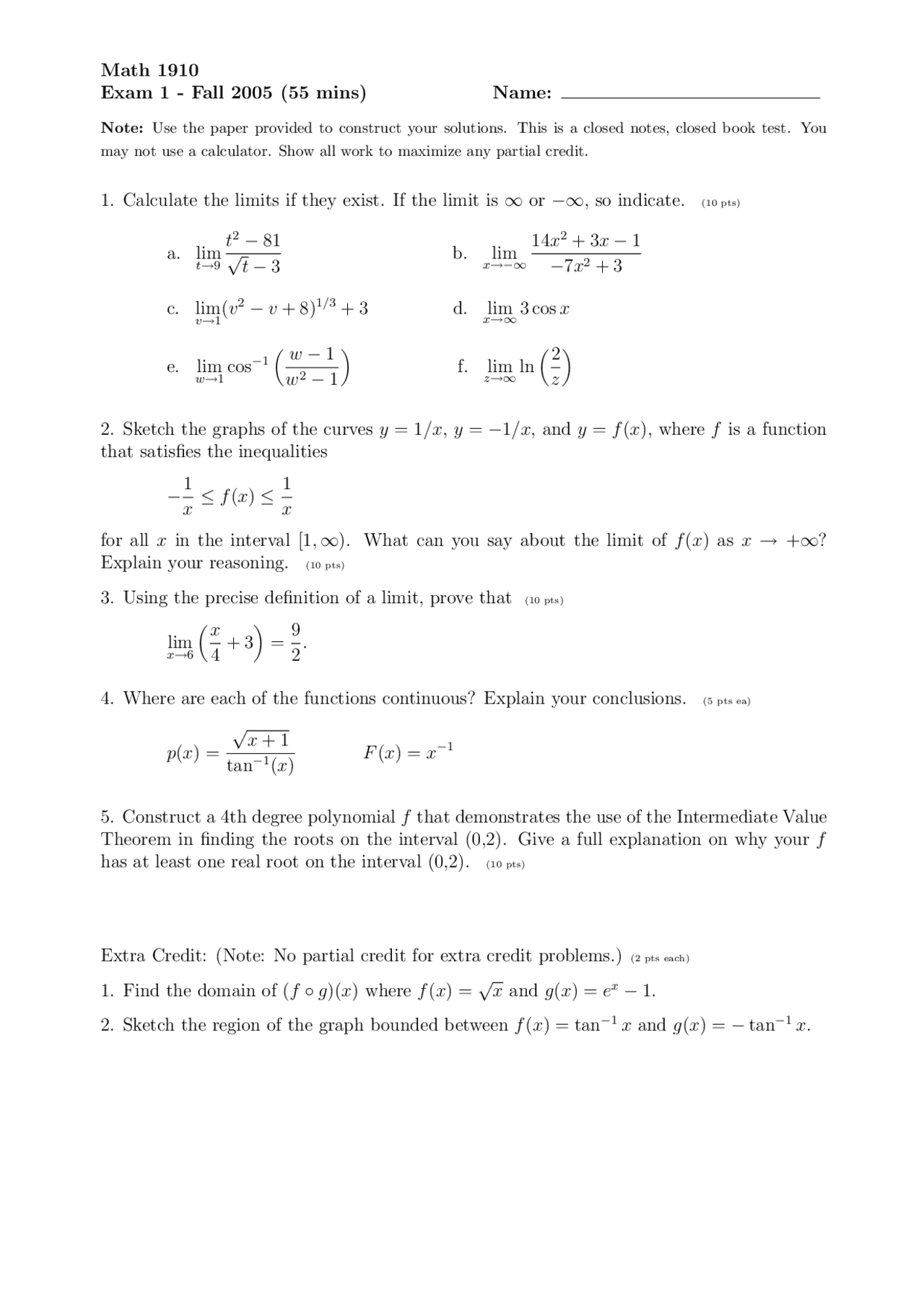 5 Questions of Calculus I - Exam 1 - Fall 2005 | MATH 1910 - Docsity