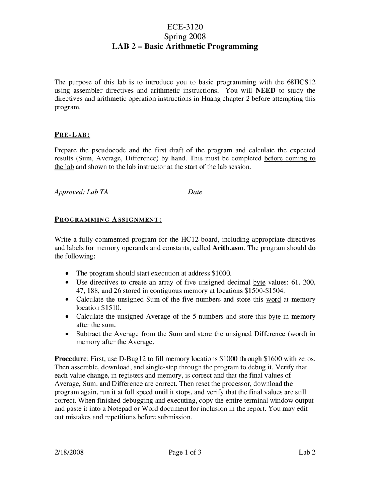 Lab 2 Basic Arithmetic Programming Fall 2008 Ece 3120 Docsity