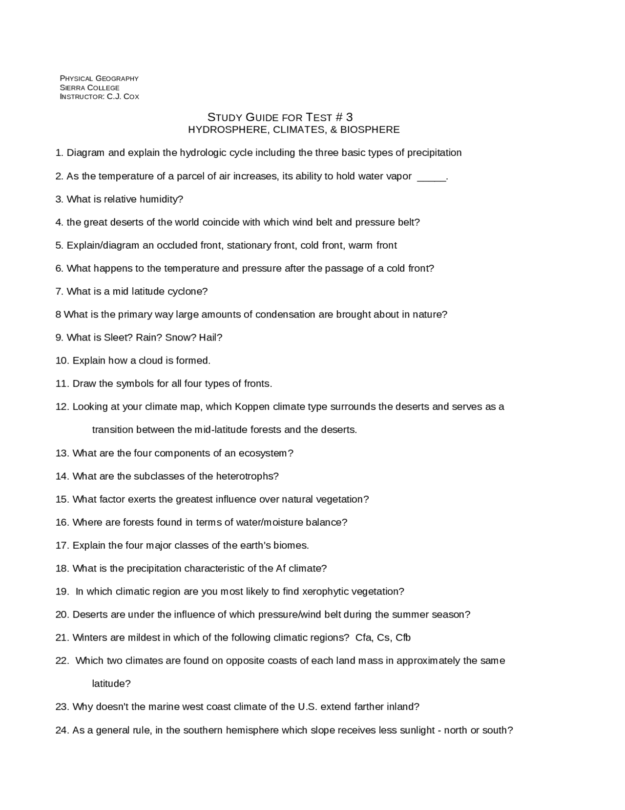 Exam 3 Study Guide of Hydrosphere, Climates, and Biosphere | GEOG 0001 ...