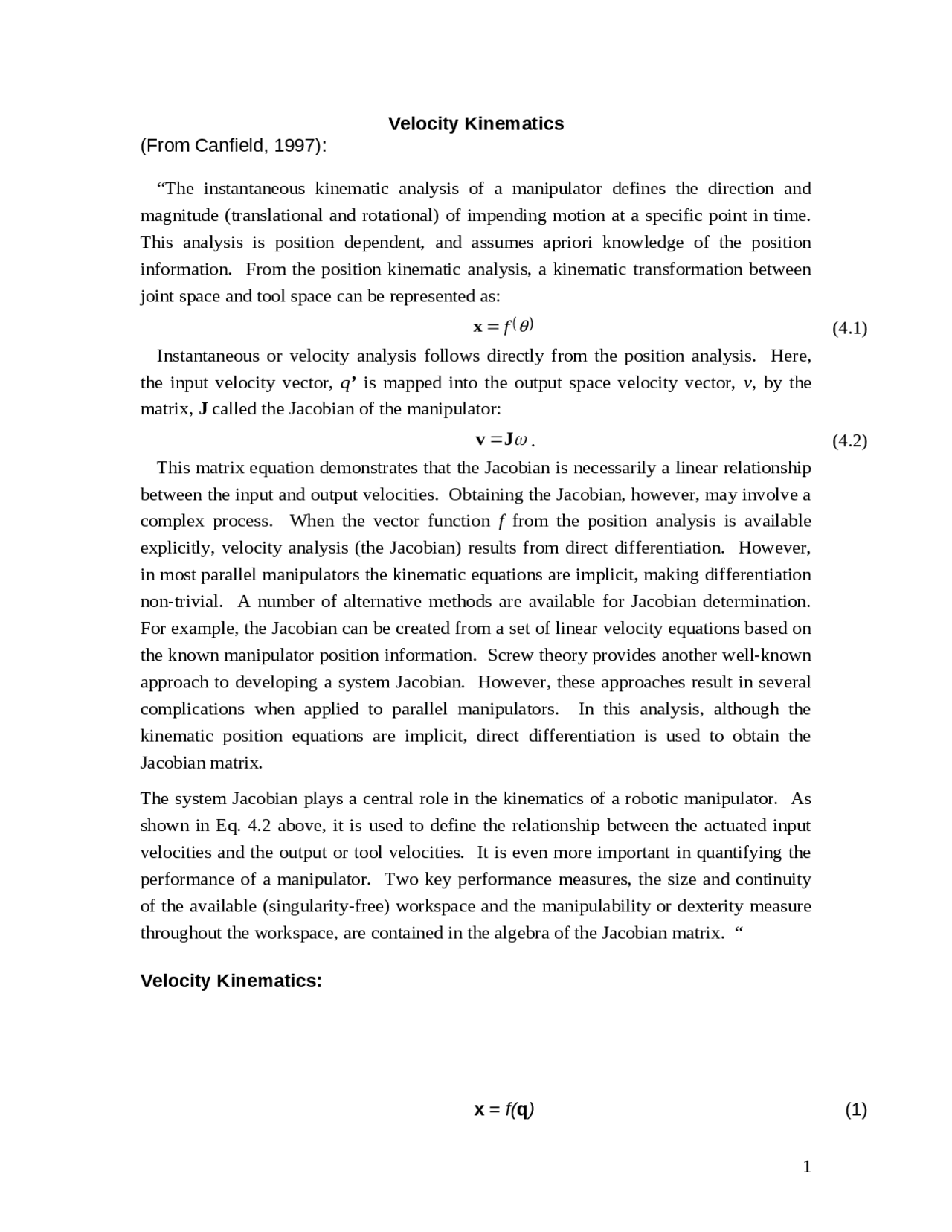Velocity Kinematics Lecture Notes Me 4140 Docsity
