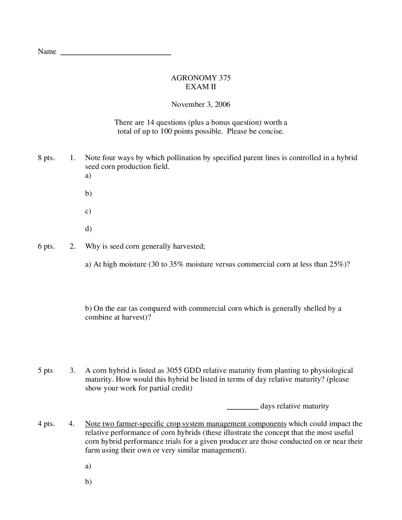 Old Exam Ii For Crop Production Systems Agry 37500 Docsity