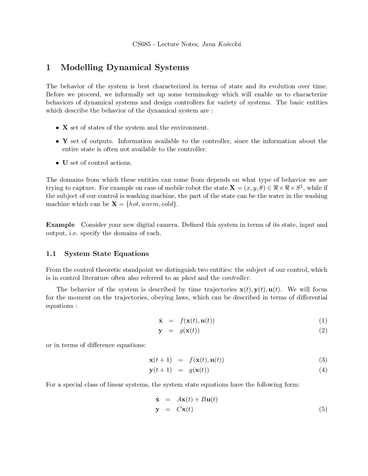 Modelling Dynamical Systems Lecture Notes Cmsc 828 Docsity