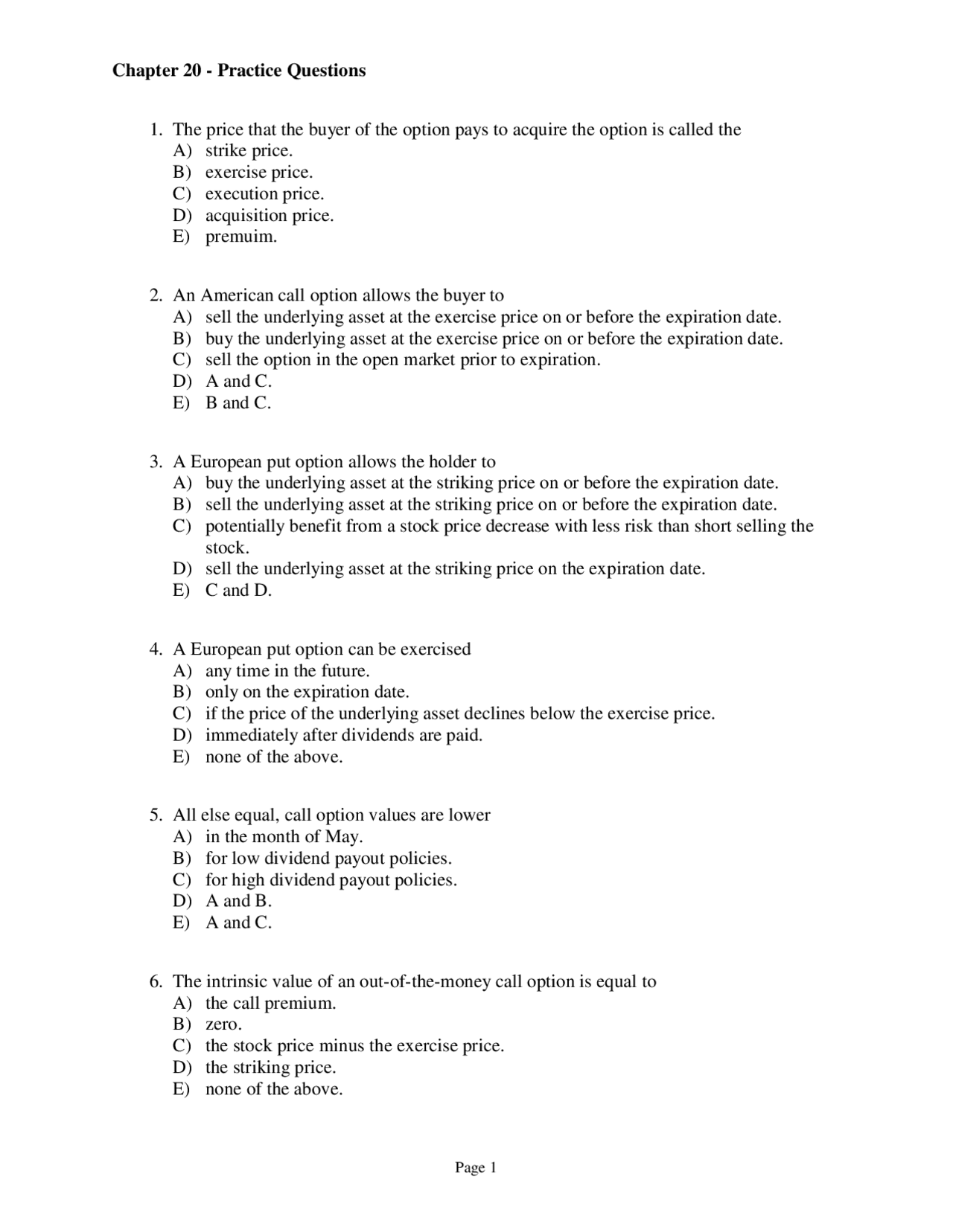 Practice Questions For Financial Economics Assignment 20 Econ 435