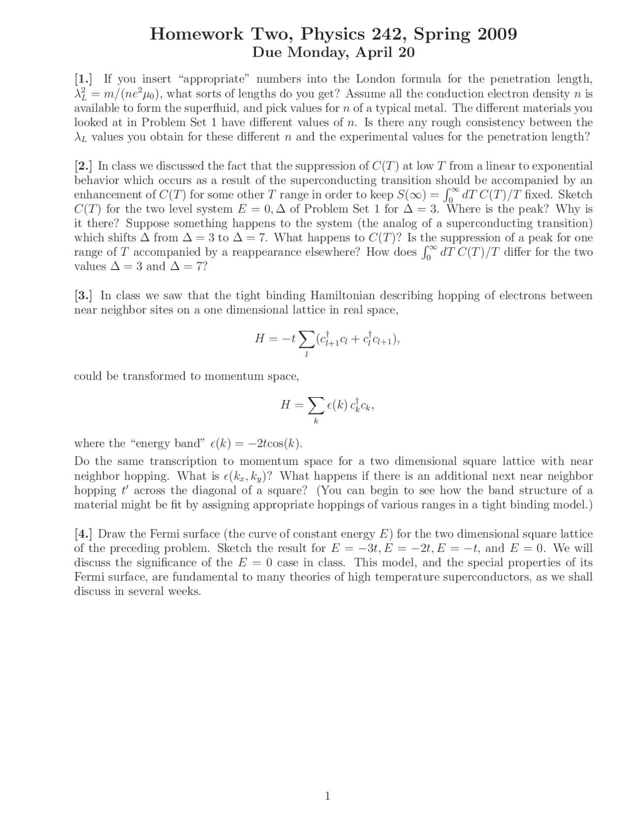 Homework 2 For Topics Superconductivity Phy 242 Docsity
